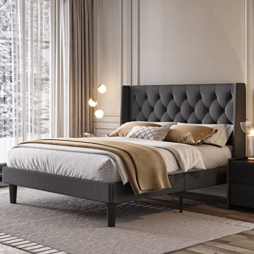 SHA CERLIN Queen Size Platform Bed Frame with Upholstered Headboard and Wingback, Button Tufted Design, Easy Assembly, Dark Grey