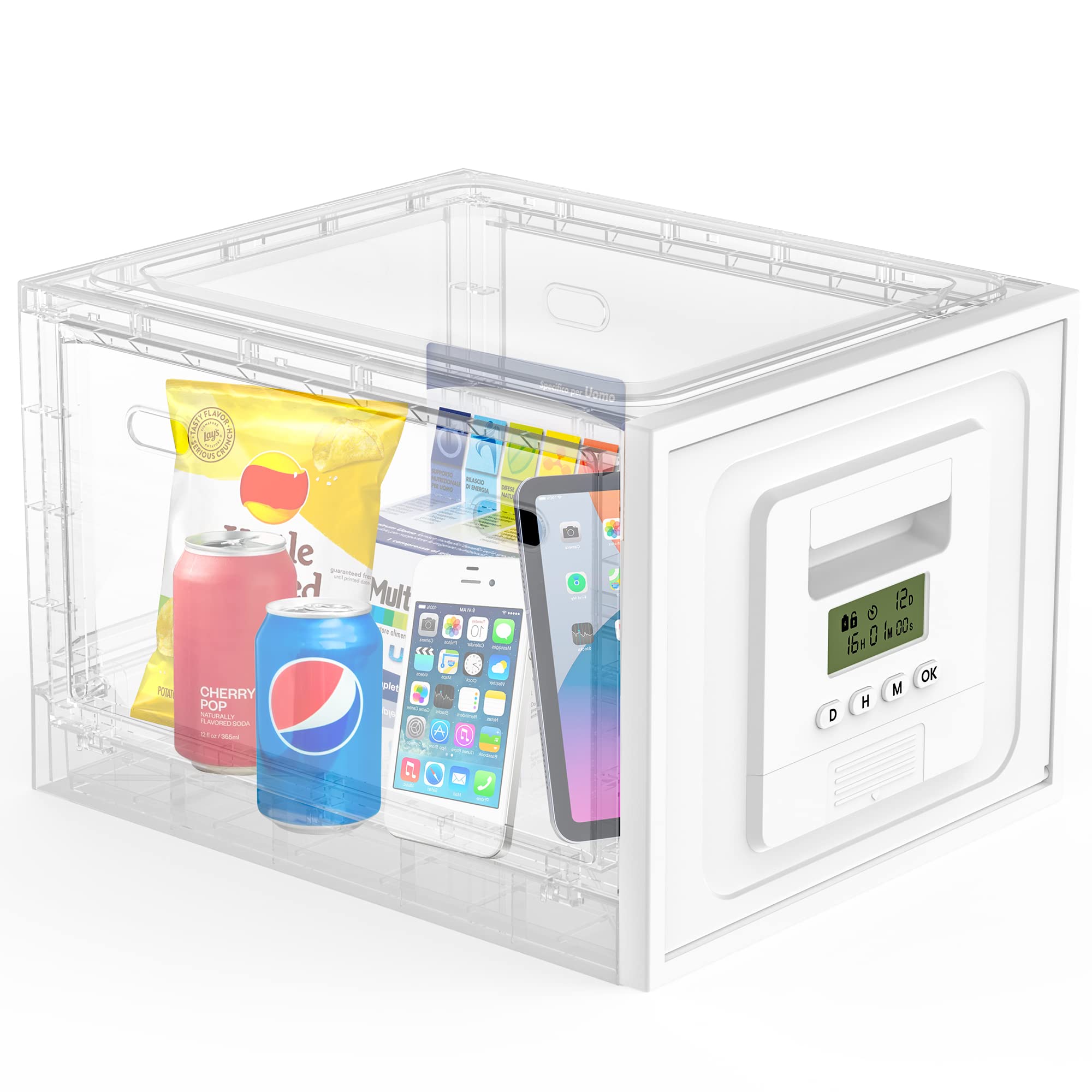 Large Time Lock Box with 3 Digit Combination Locked Container,Medicine Timer Lockbox,Timed Locking Box for Food, Cell Phones Jail,Ipad,Games, Snacks Lockable and Medication (Clear Box + white Door)
