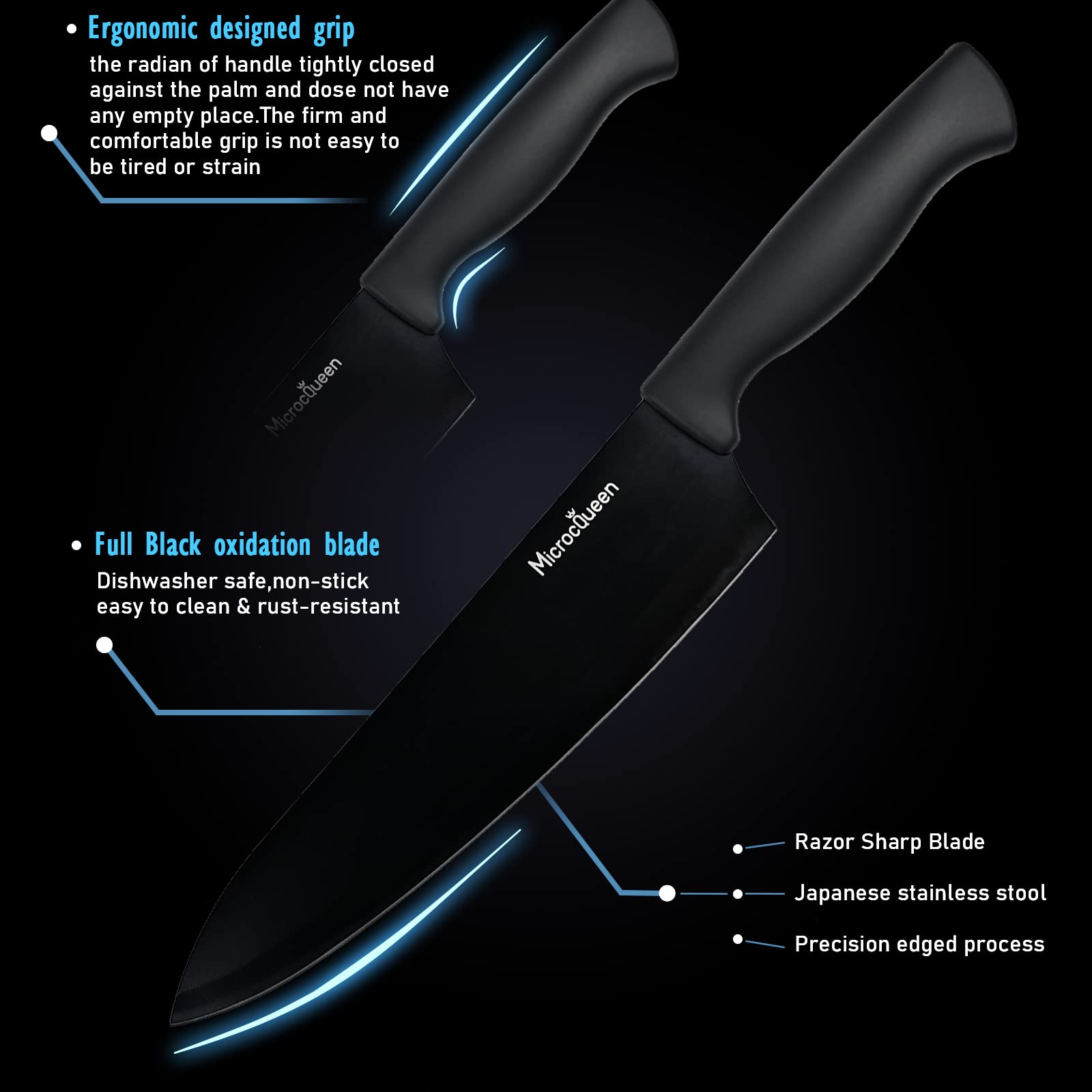 knife set black for Kitchen with Block, Kitchen Knife Sets 16 Piece Kitchen Knives for Chopping, Slicing, Dicing&Cutting,Dishwasher Safe,6 Steak Knives