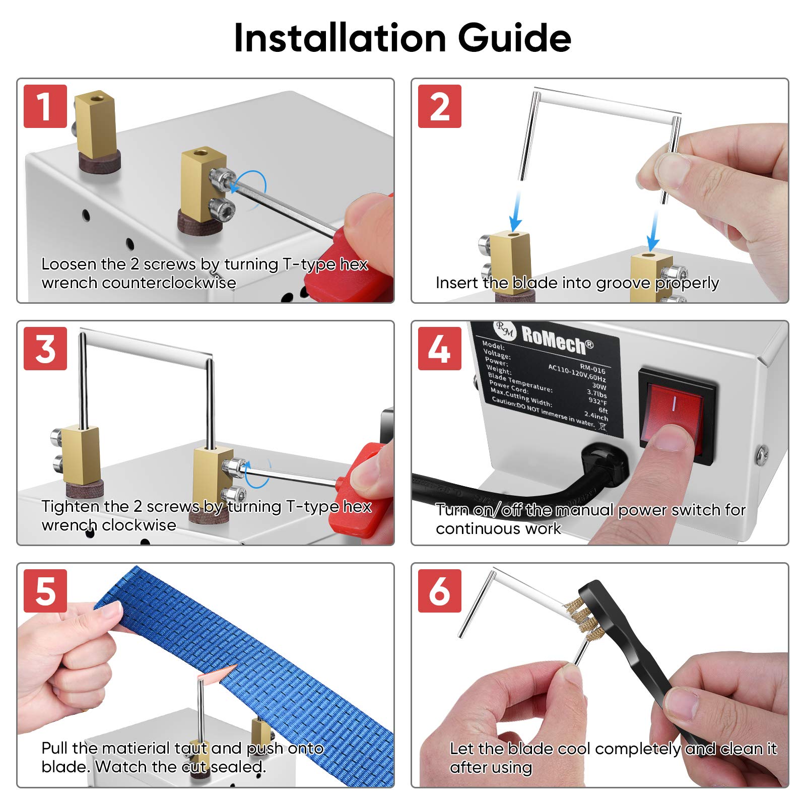 RoMech Electric Rope Cutter - Hot Knife Thermal Blade for Braid Fabric Webbing Belting Ribbon- Bench Mount Cutting Tool Kit β Heal Sealer (30W, RM-016)