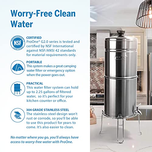 ProOne Traveler+ Stainless-Steel Gravity Water-Filter System, 2.25-Gallon Water Capacity, Countertop Water Dispenser for Home and Travel with Two 7-Inch Filter and Wire Stand