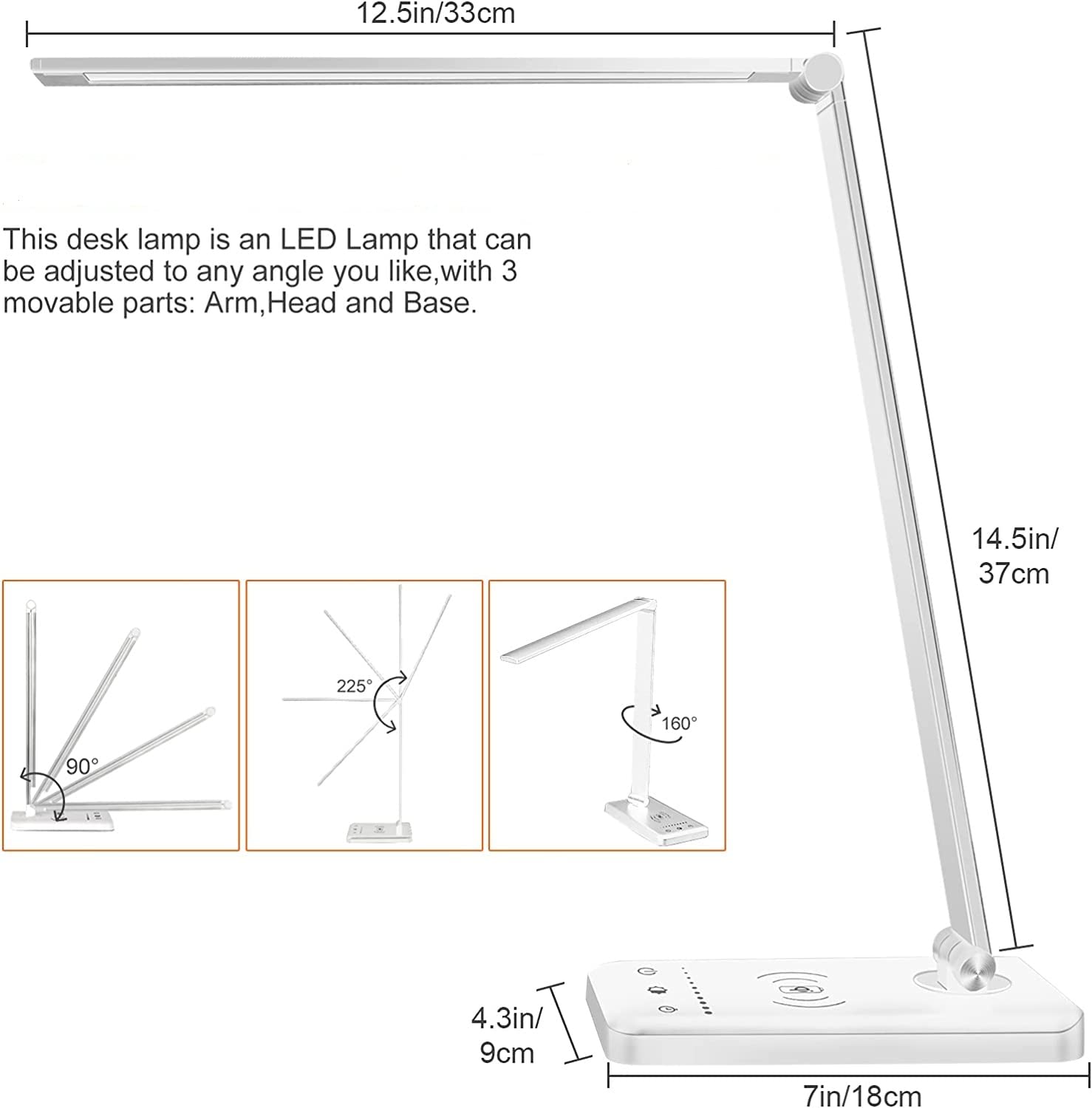 LED Desk Lamp Dimmable Table Lamp Reading Lamp with USB Charging Port, 5 Lighting Modes, Sensitive Control, 30/60 Minutes Auto-Off Timer, Eye-Caring Office Lamp (Silver, White)
