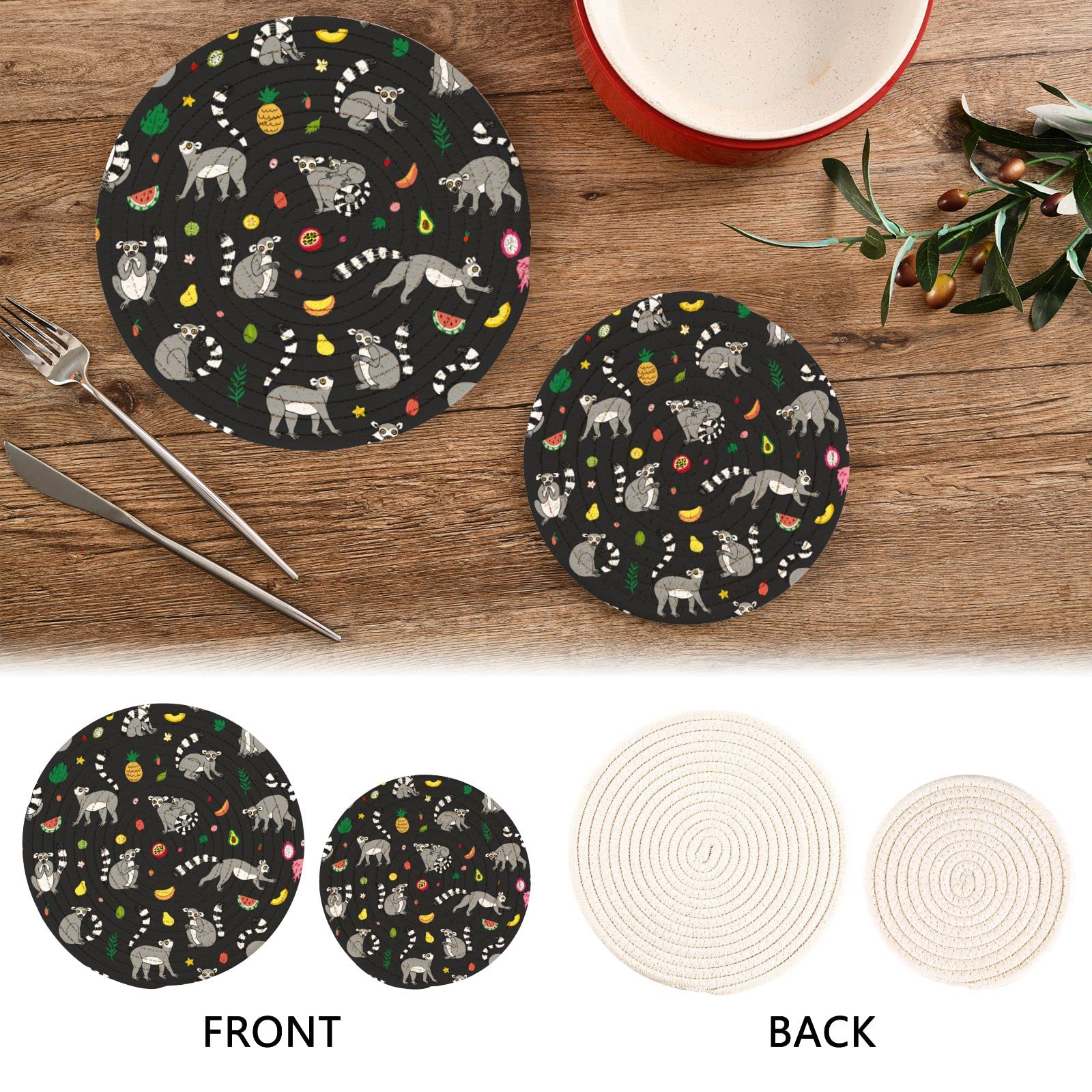 Lemur Tropical Fruits Cotton Braided Hot Pads Trivet Pot Holder for Kitchen Pot Holders Round Woven Potholders for Hot Dishes Suitable for Kitchen Farmhouse Dining Table Dining Room Party