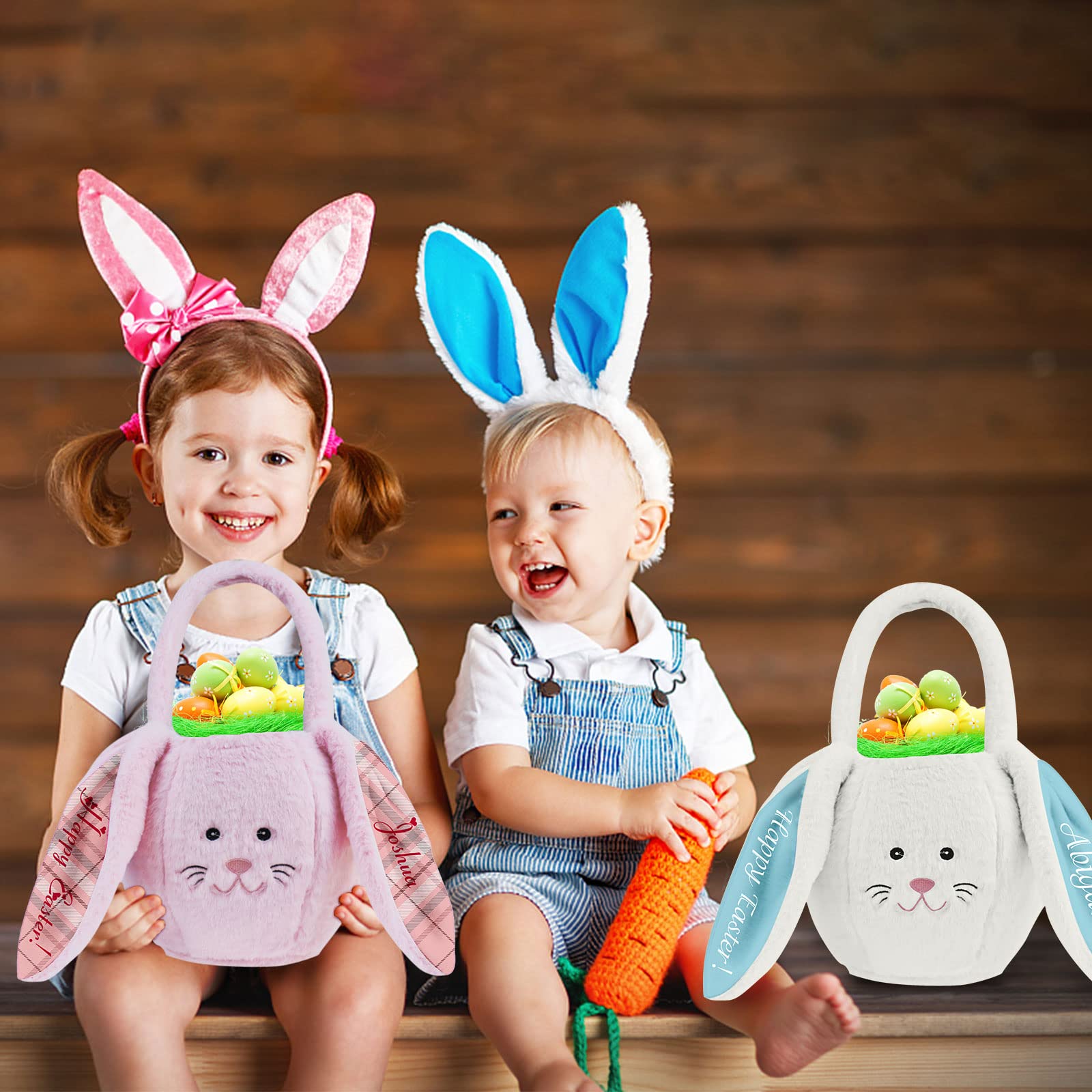 Personalized Easter Basket for Boys Girls Kids Baby Custom Customized Gifts Name Easter Basket Bags Eggs Candy Bunny Tote Gift-Pink