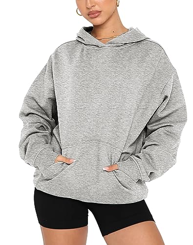 TICTICMIMI Women's Casual Oversized Hoodies Sweatshirts Fleece Long Sleeve Tops Cute Loose Y2K Pullover with Pocket Grey