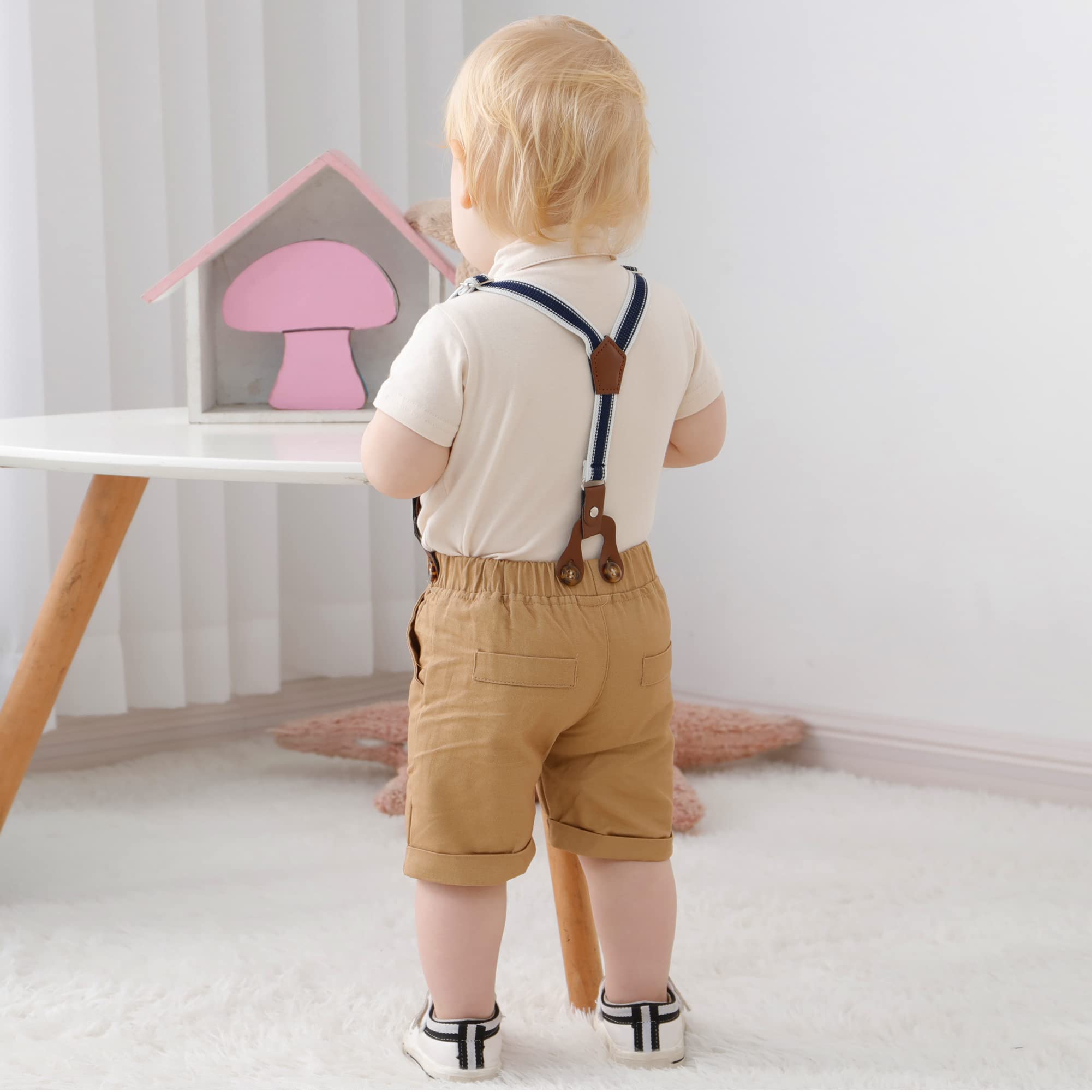 YUEMION Infant Baby Boy Clothes Gentleman Outfits Suits Summer Short Sleeve Bowtie Bodysuit Shirts + Suspender Shorts (Beige,12-18M)
