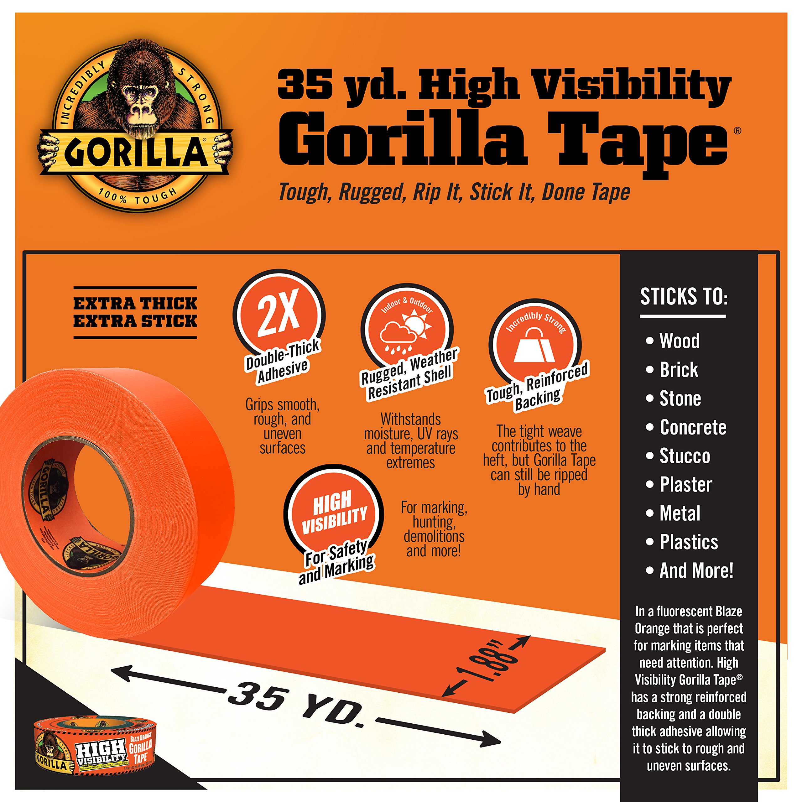 Gorilla Tape, High Visibility Duct Tape, 1.88" x 35 yd, Blaze Orange, (Pack of 1)