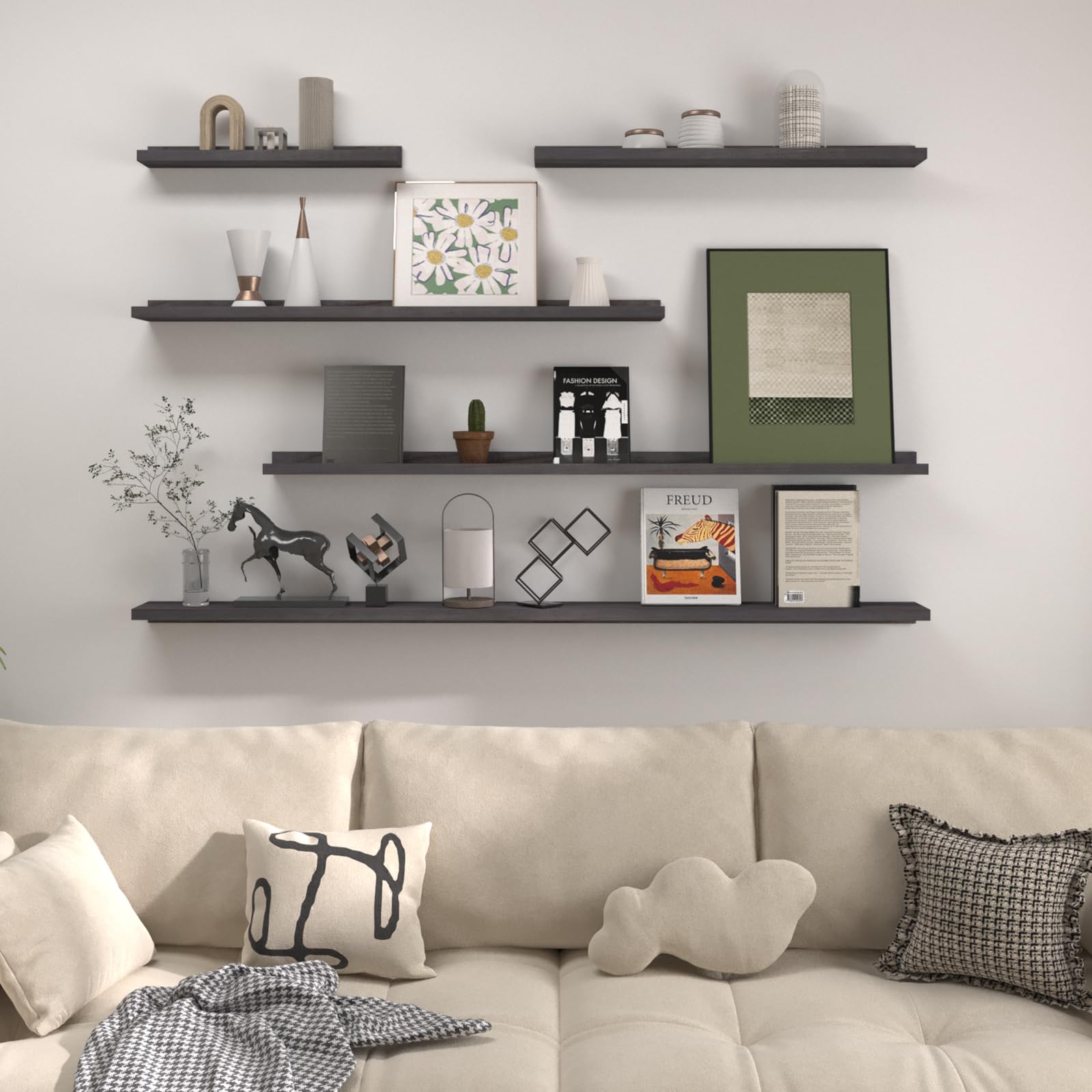 SAUMONIERES Picture Ledge Shelf Floating Book Shelves 36 Inch Set of 3 Wall Mounted Solid Wood for Bedroom Living Room Kitchen Rustic Grey