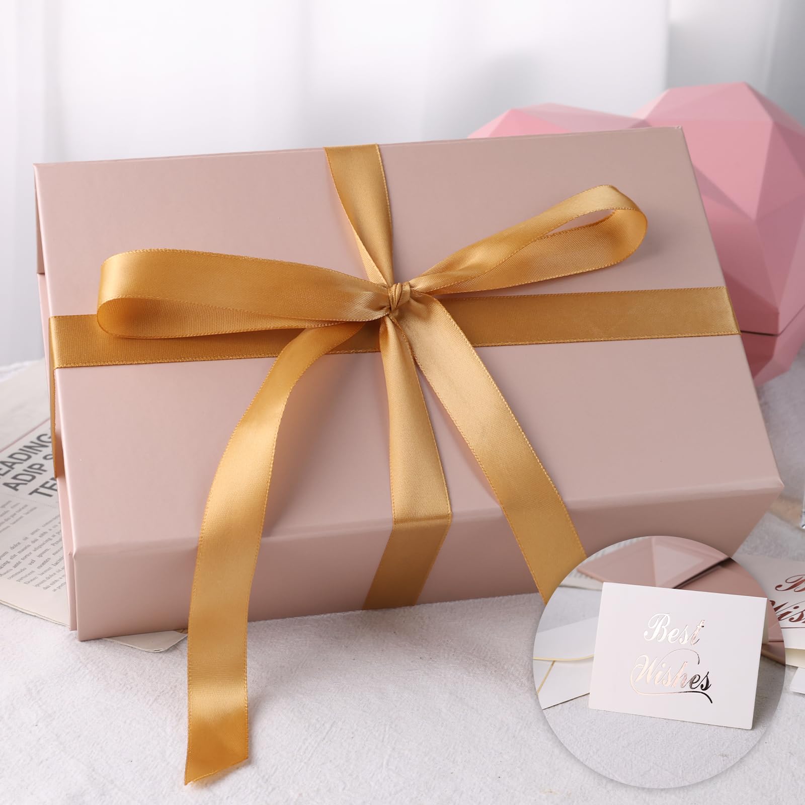 Shindel Gift Box with Magnetic Lid, Rose Gold Gift Box with Ribbon Greeting Card Magnetic Closure Gift Box for Presents Wedding Birthday 9.4"x6"x3"