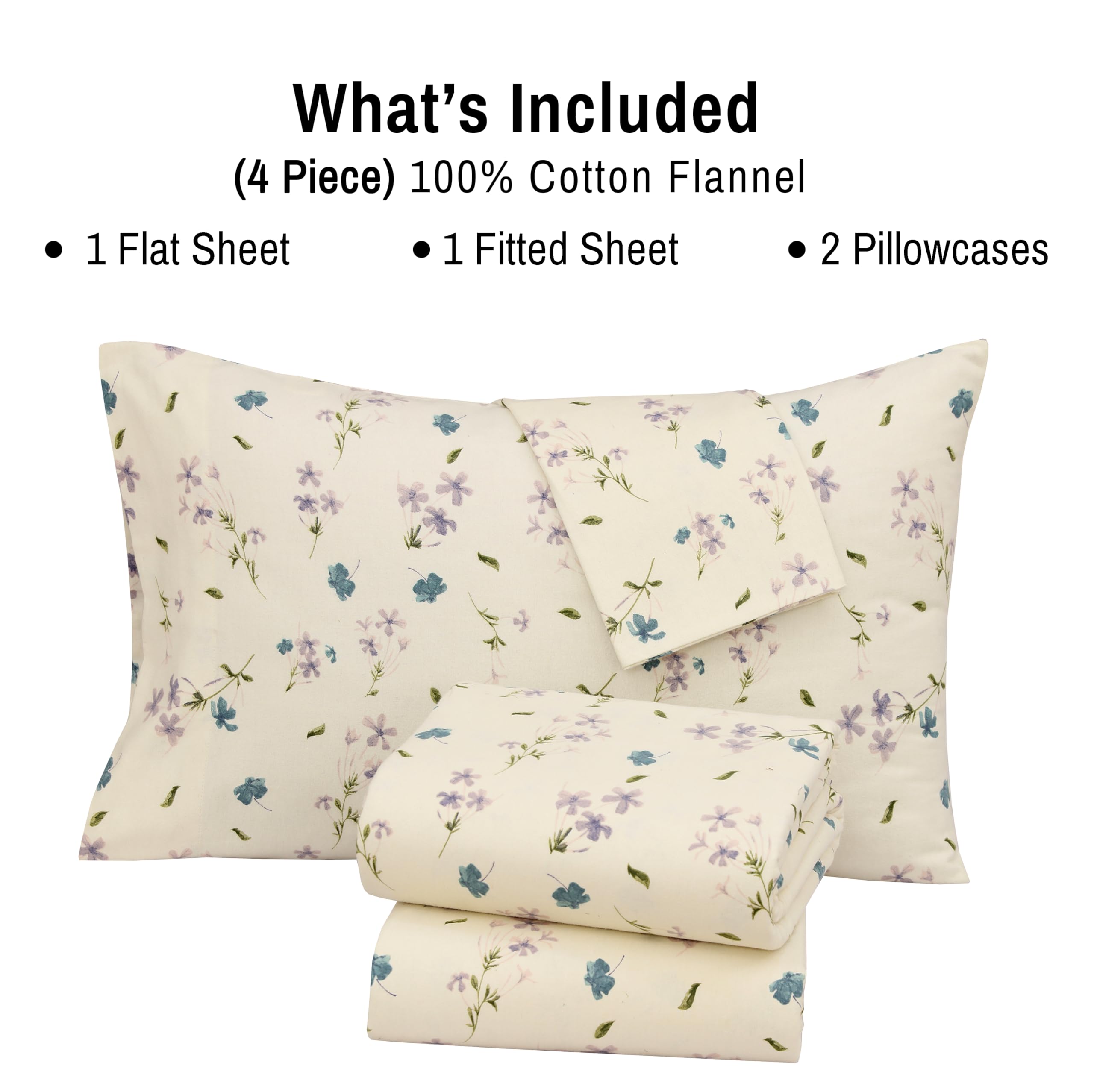 RUVANTI Flannel Sheets Twin Size - 100% Cotton Double Brushed Twin Sheets Set, Deep Pockets 16 Inches, All Seasons Breathable & Extra Soft Bed Sheets, Warm & Cozy, 3 Piece, Jasmine Stamp Cream