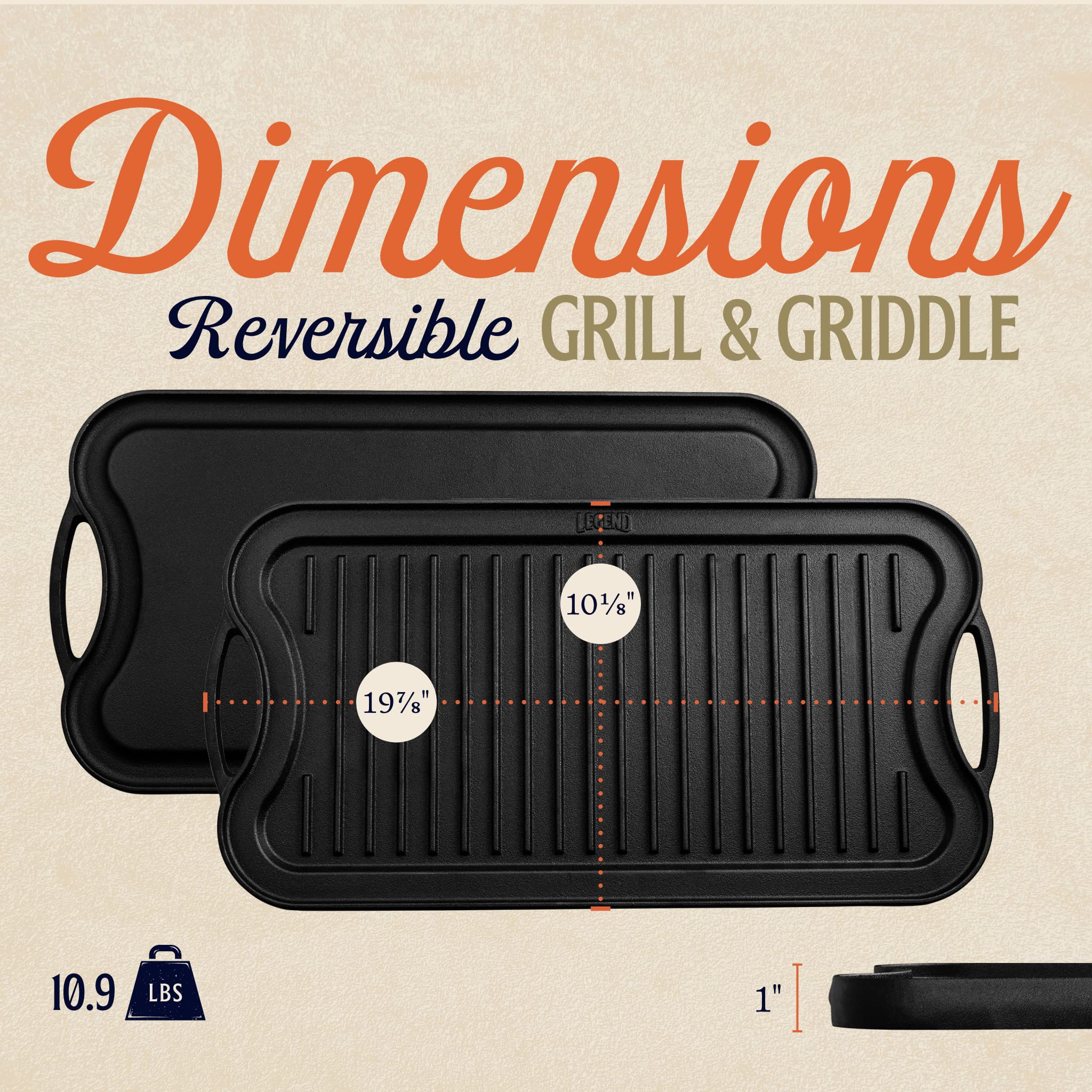 Legend Cast Iron Griddle for Gas Stovetop with Easy Grip Handles | 2-in-1 Reversible 20β | Use On Open Fire & in Oven | Lightly Pre-Seasoned Gets Better with Each Use