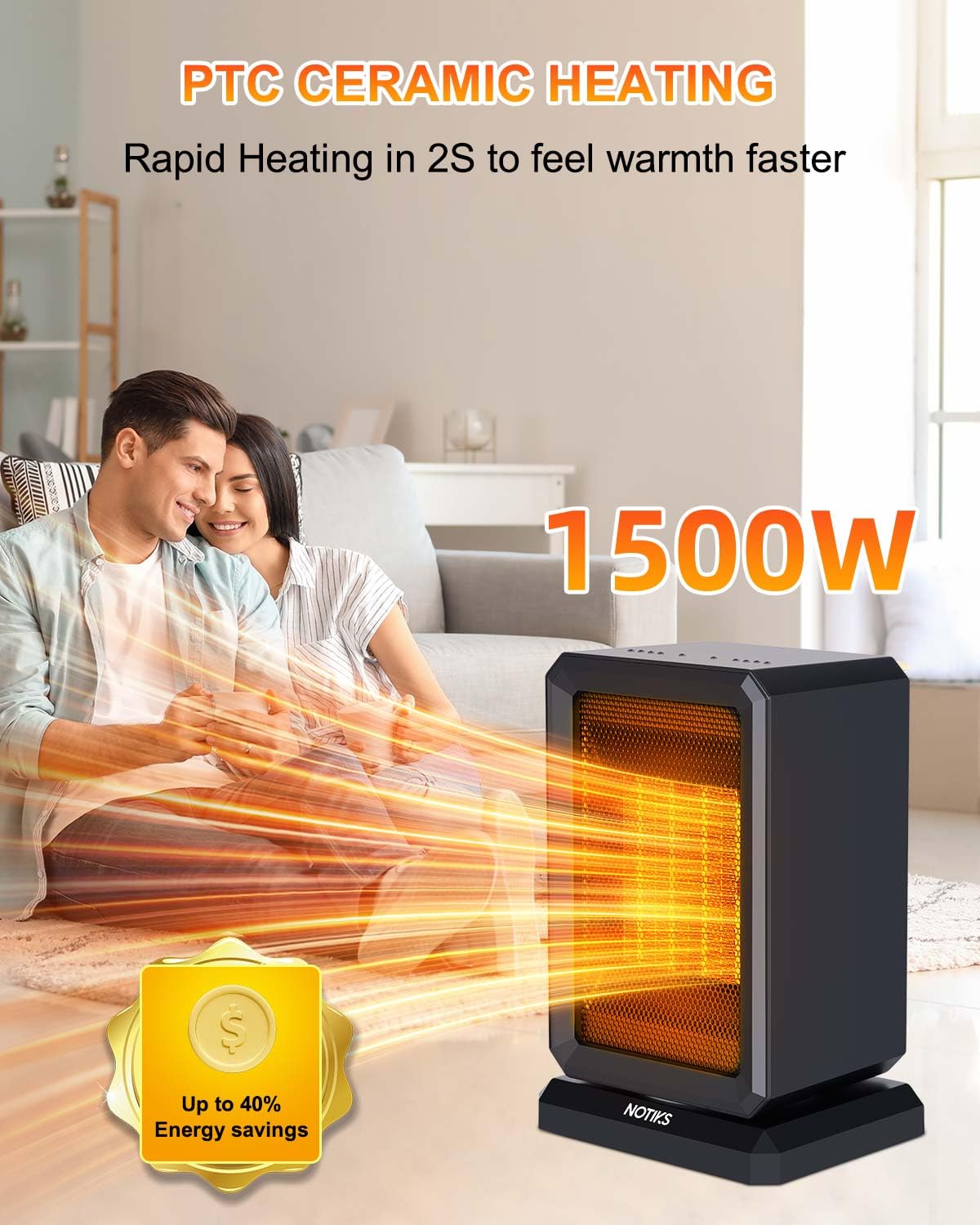 NOTIKS space Heaters,1500W Indoor Electric Heater with Oscillation,4 Modes Heating,PTC Fast Safety Heating Ceramic Desk Heater, Portable Heater with Timer for Office Bathroom Bedroom(Black)