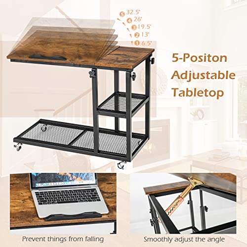 Tangkula Height Adjustable C Shaped End Table with Lockable Wheels, Mobile Couch Desk Table with Tiltable Table Top, Sofa Bedside Laptop Stand TV Tray with Storage Shelves, Snack Side Table