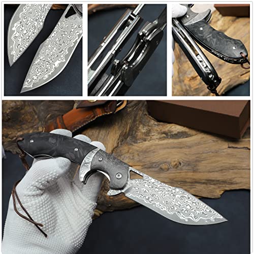 Minowe Handmade Damascus Steel Folding Knife with leather case,3.8in VG10 steel core blade,Steel ball bearings+Carbon Fiber handle,Tactical pocket knife Hiking carry EDC Knife