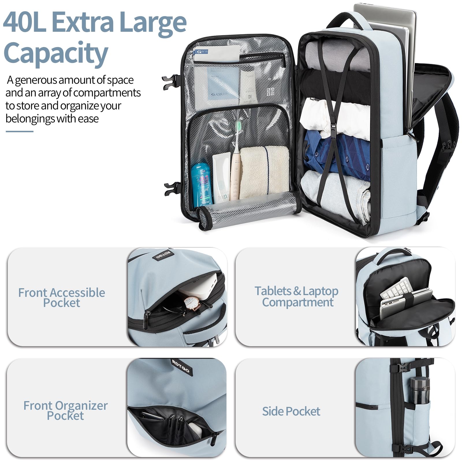 RDTGO Carry on Backpack, 40L Flight Approved Travel Backpack for Men & Women, Expandable luggage Backpack with 4 Packing Cubes, 17 inch Laptop Backpack,Water-Resistant Business Daypack Weekender Bag