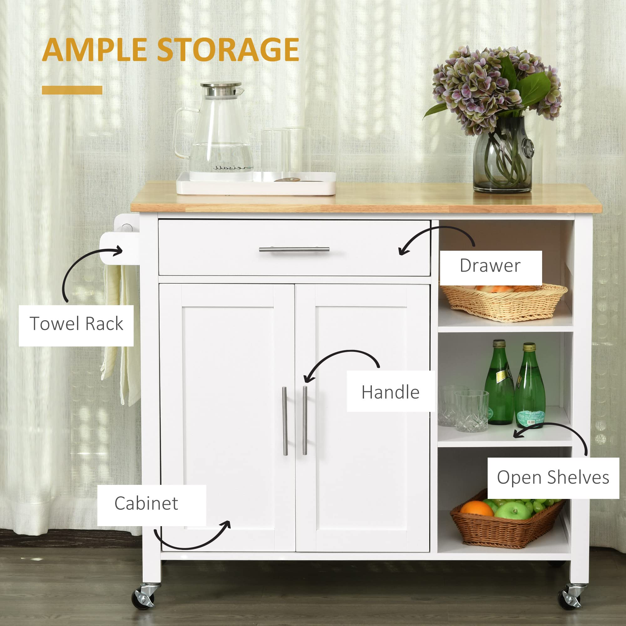 HOMCOM Wooden Rolling Kitchen Island on Wheels, Kitchen Cart with Drawer for Dining Room, White