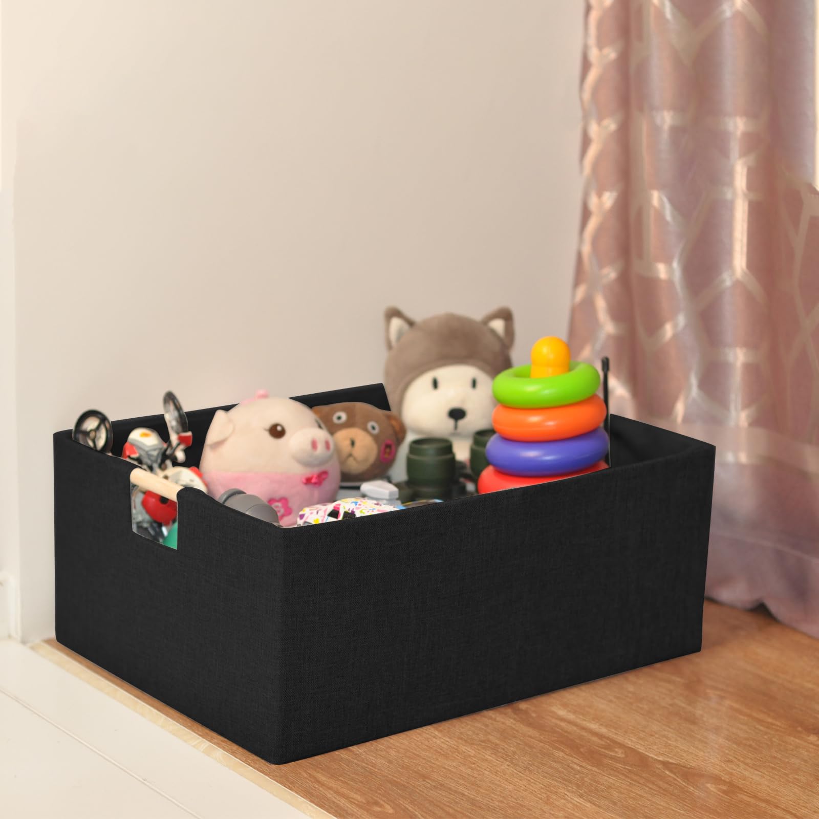 xianshengle Fabric Storage Basket for Shelves, Collapsible Storage Bins with wood Handles, Rectangle Closet Baskets, Wardrobe Organiser, for Sorting Clothes, Family Items (Black) (1)