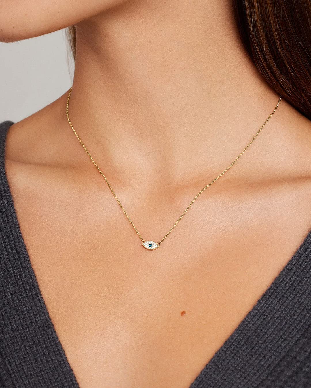 gorjana Women’s Evil Eye Pendant Necklace, Adjustable Link Chain w/White CZ and London Blue Nanogem Talisman, 18K Gold Plated