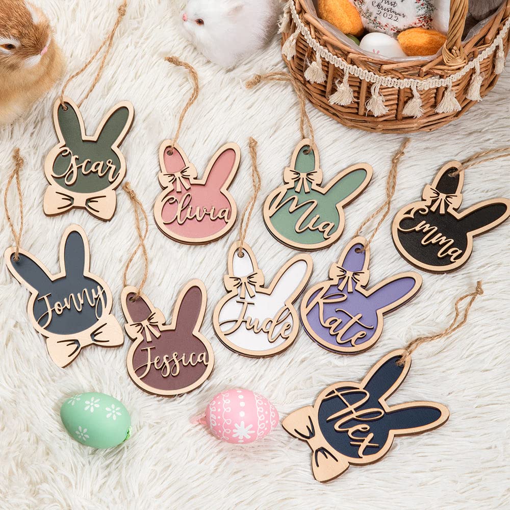 Personalized Rabbit Bunny Wooden Basket Tag Ornament with Name Easter Gift for Kids