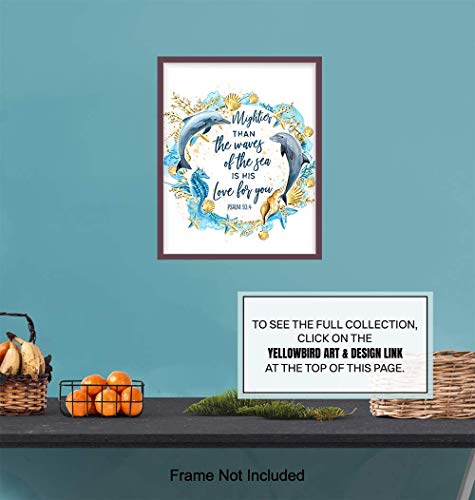 Ocean Dolphins Bible Verse Religious Wall Art - Inspirational Quote Christian Scripture Room Decoration for Bathroom, Bedroom - Nautical Beach House Poster - Mightier Than the Waves Blue Wall Decor