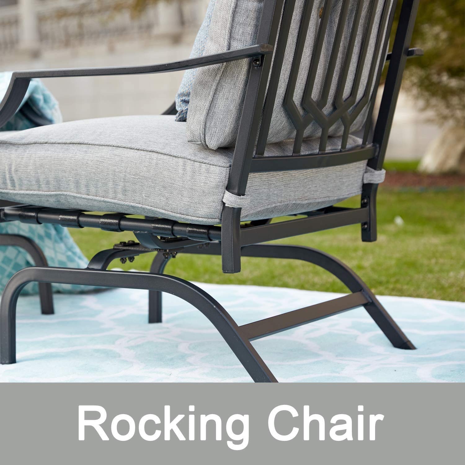 PatioFestival Patio Conversation Set Metal Outdoor Furniture Sets All Weather Cushioned Loveseat & 2 Rocking Chairs & 1 Coffee Table for Poolside Lawn Yard 4pcs