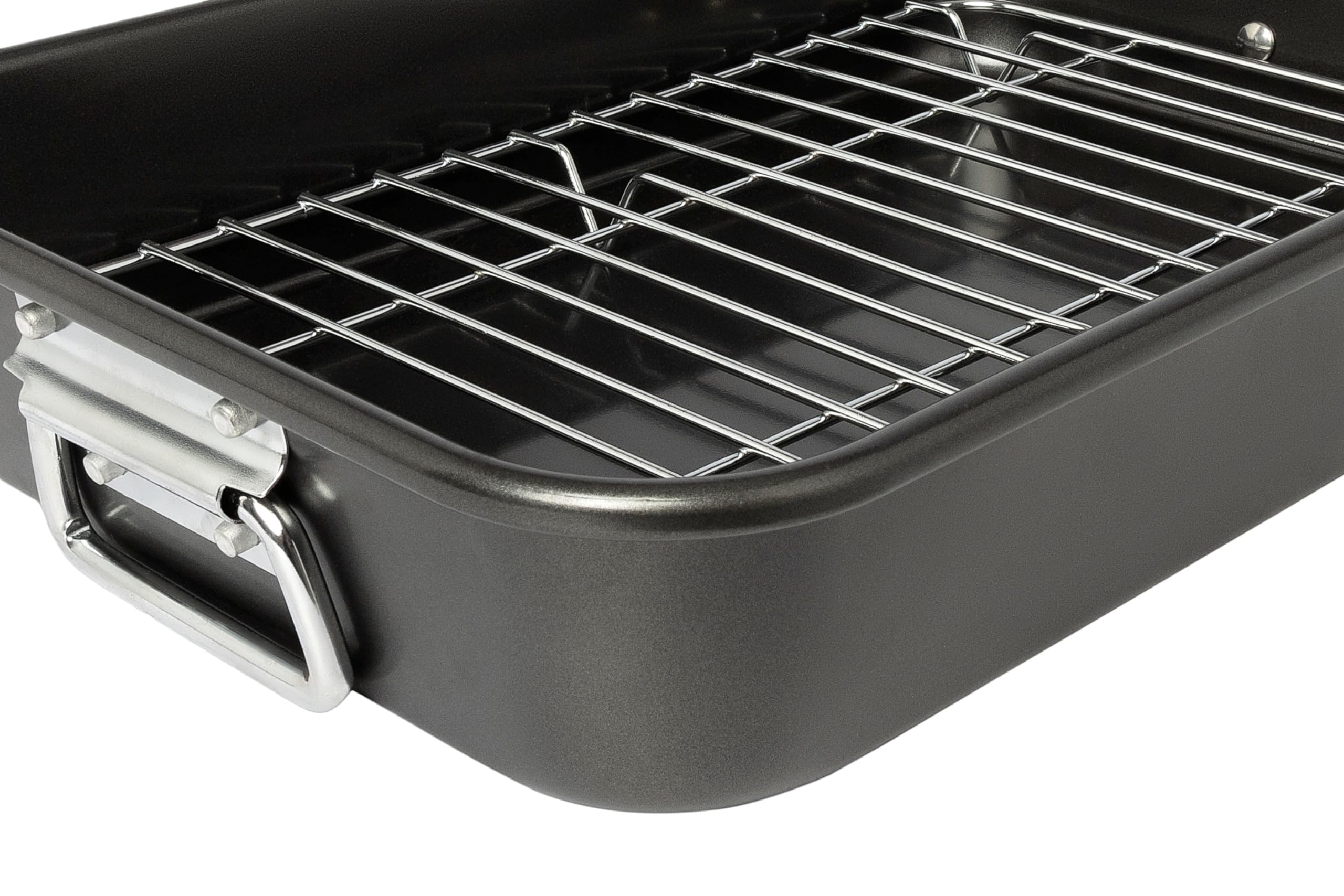 Roasting Pan with Rack and Handles - 15 Inch Carbon Steel Roaster Pan for Oven - Large Roaster Pot for Turkey Chicken Meat & Vegetables, Dishwasher Safe, Heavy Duty, Black