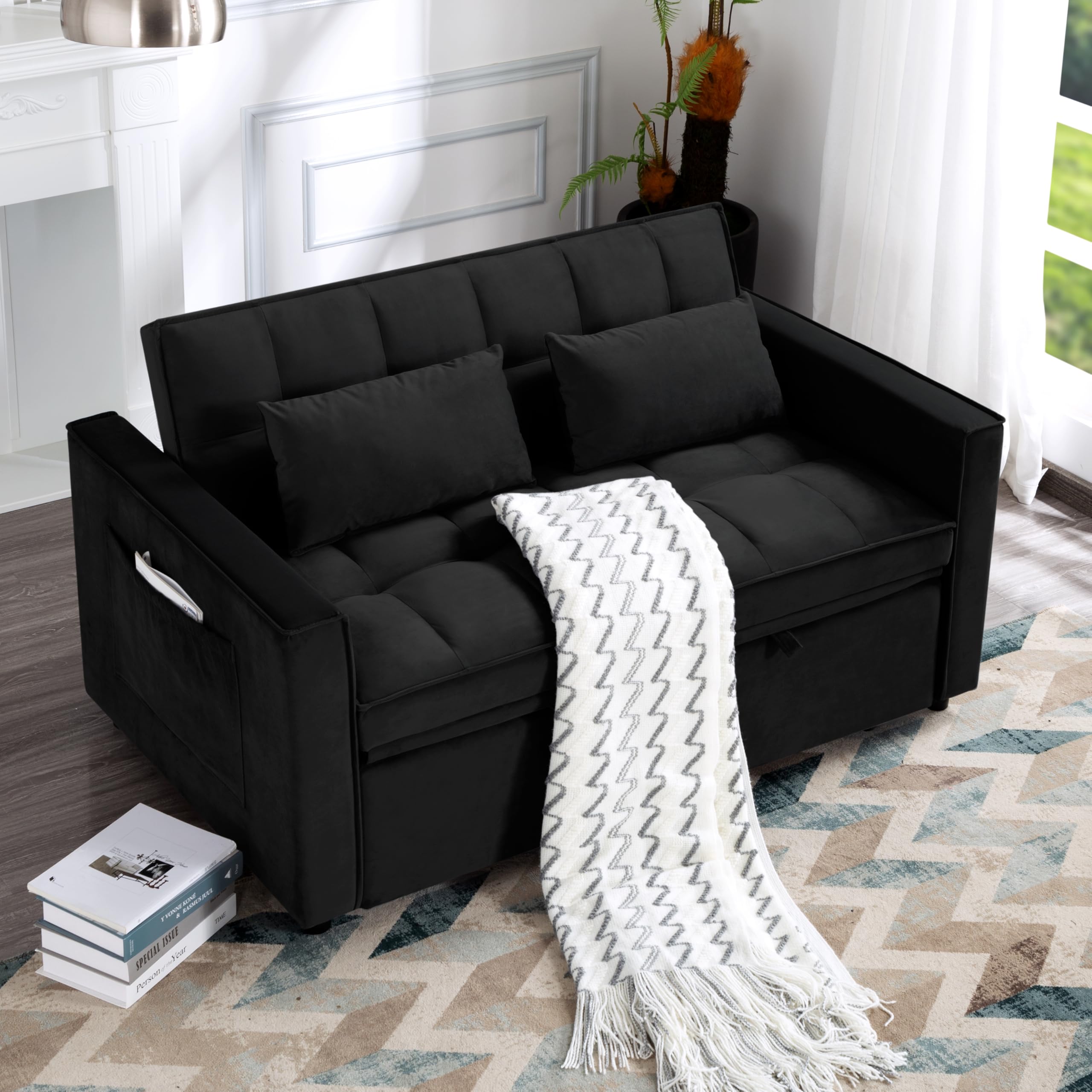 UOCFYK 55" 3-in-1 Sleeper Sofa Loveseat Convertible with 2 Pillows,Velvet Fabric with Side Pocket and Reclining Backrest,Sofa Bed Pull-Out Sleeper Sofa Bed,Upholstered Loveseat for Living Room,Black