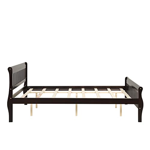 Prohon Queen Platform Bed with Vertical Openwork Design Headboard & Footboard, Large Underbed Storage Space, Simple Style Wooden Bedframe for Kids Teen Adults, No Box Spring Needed, Espresso