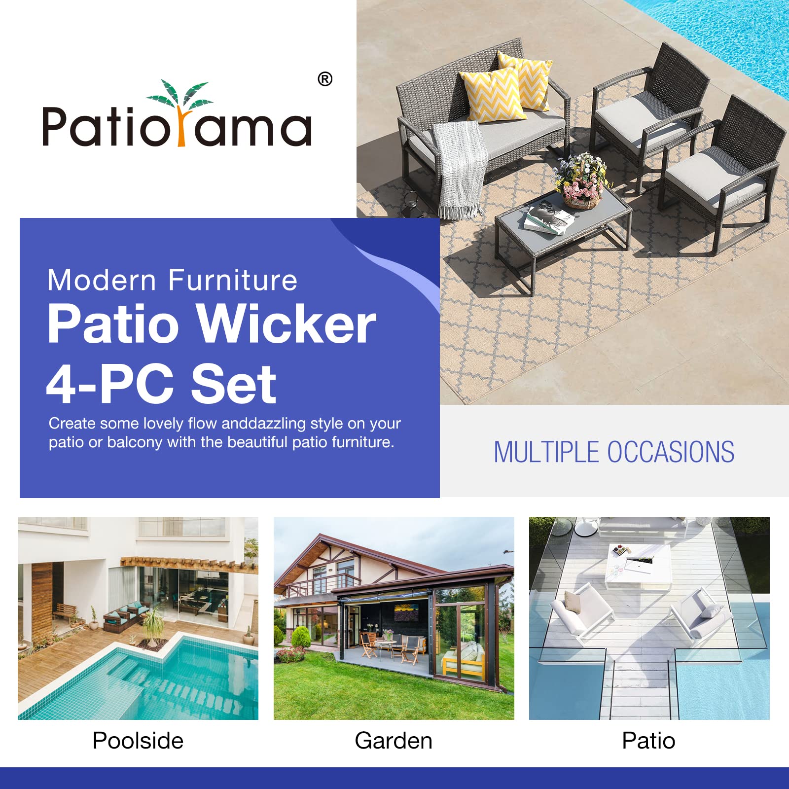 Patiorama 4 Pieces Outdoor Patio Furniture, Wicker Conversation, Rattan Chair, Modern Bistro Set with Coffee Table, Garden Balcony Backyard Poolside (Light Grey)