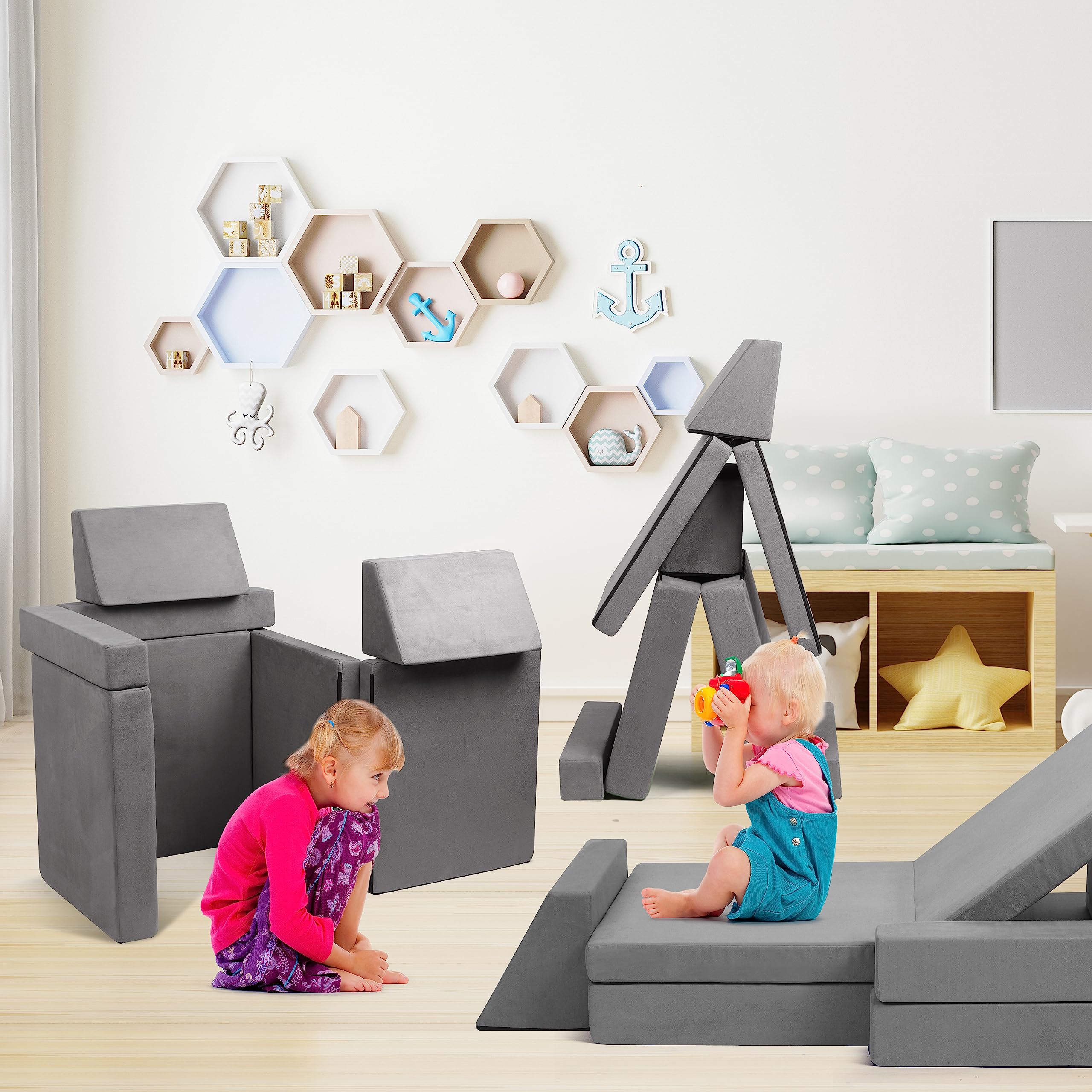 Xilingol Kids Play Couch, 8Pcs Convertible Sofa for Creativity & Imagination,Child Sectional Sofa, Foam Kids Modular Couch, 50”x28.5"x19", Grey