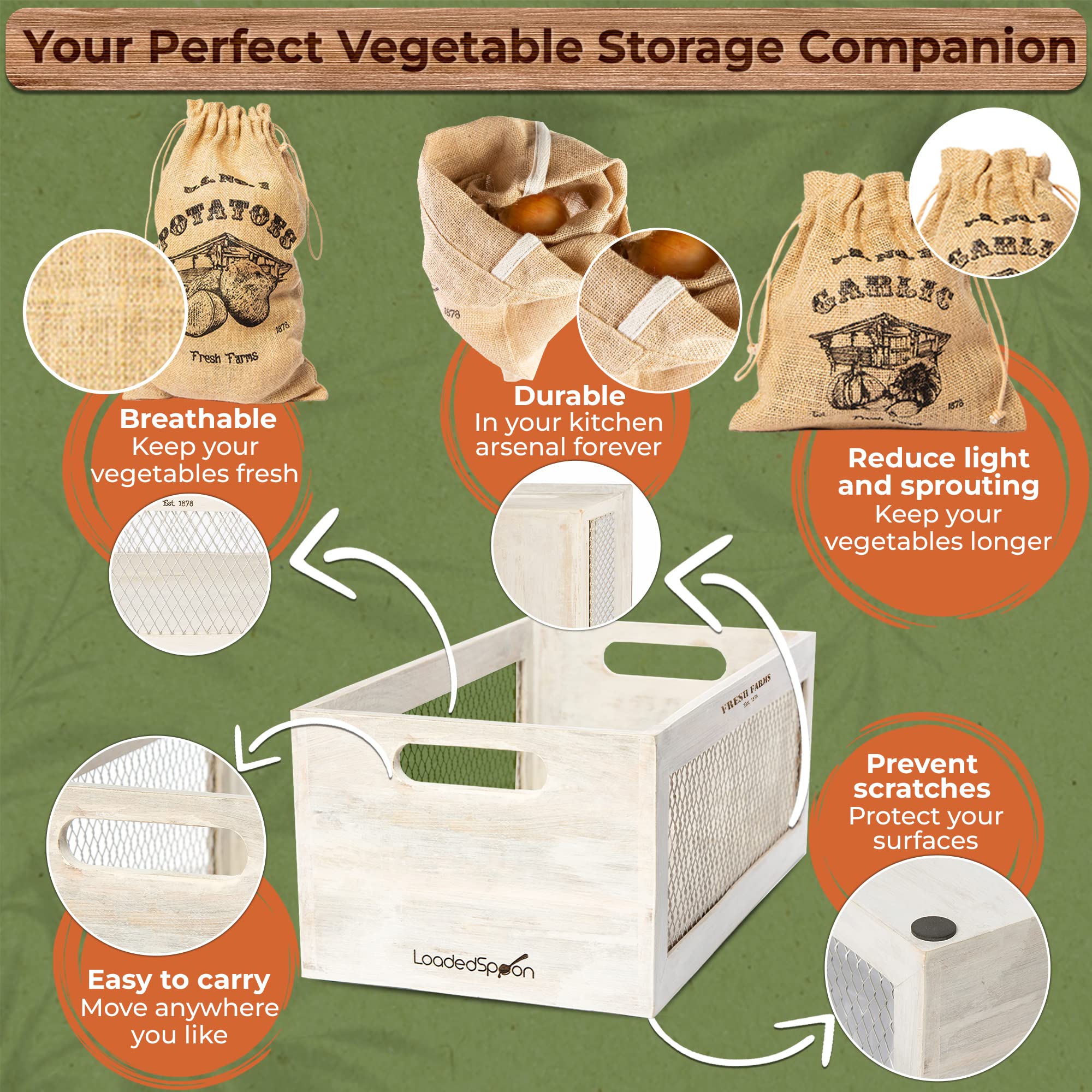 LoadedSpoon Potato and Onion Storage Bin – Garlic Storage, Handcrafted Farmhouse Kitchen Wooden Crate Box, 3 pk Jute Vegetable Storage Bags, Onion and Potato Storage for Pantry or Countertop (White)