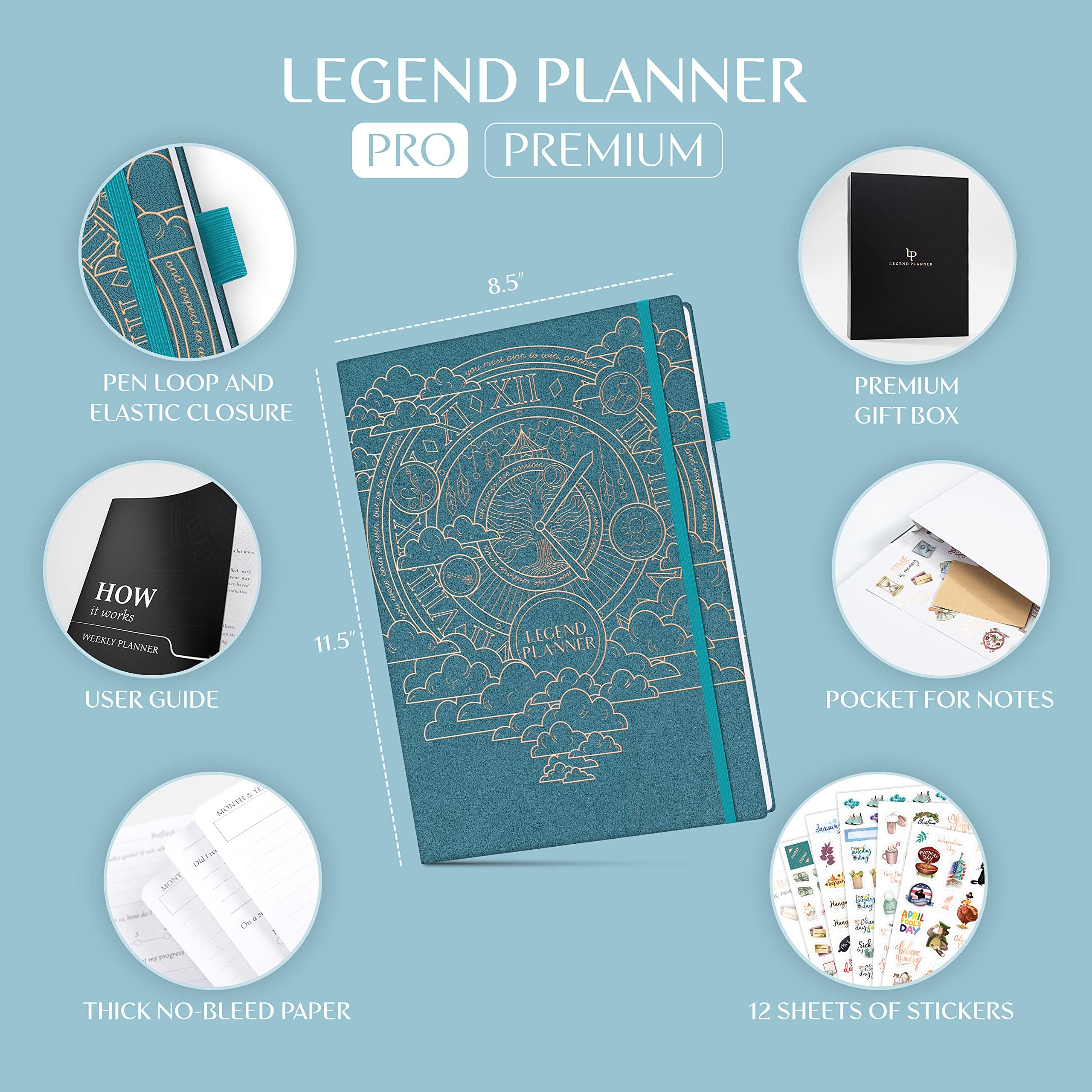 Legend Planner PRO Premium โ Large Undated Weekly, Monthly & Budget Planner with Habit Tracker โ Life Organizer for Time & Task Management, Goal Setting & Productivity โ A4 size (Dark Teal)