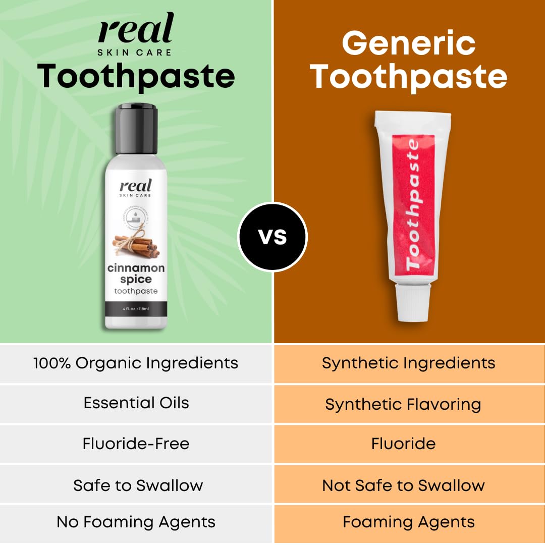 Real Skin Care Coconut Toothpaste | Handmade in The USA | Cinnamon Spice | All Natural Organic Fluoride Free Toothpaste for Healthy Smiles | Flavored Toothpaste for Adults & Kids with Essential Oils