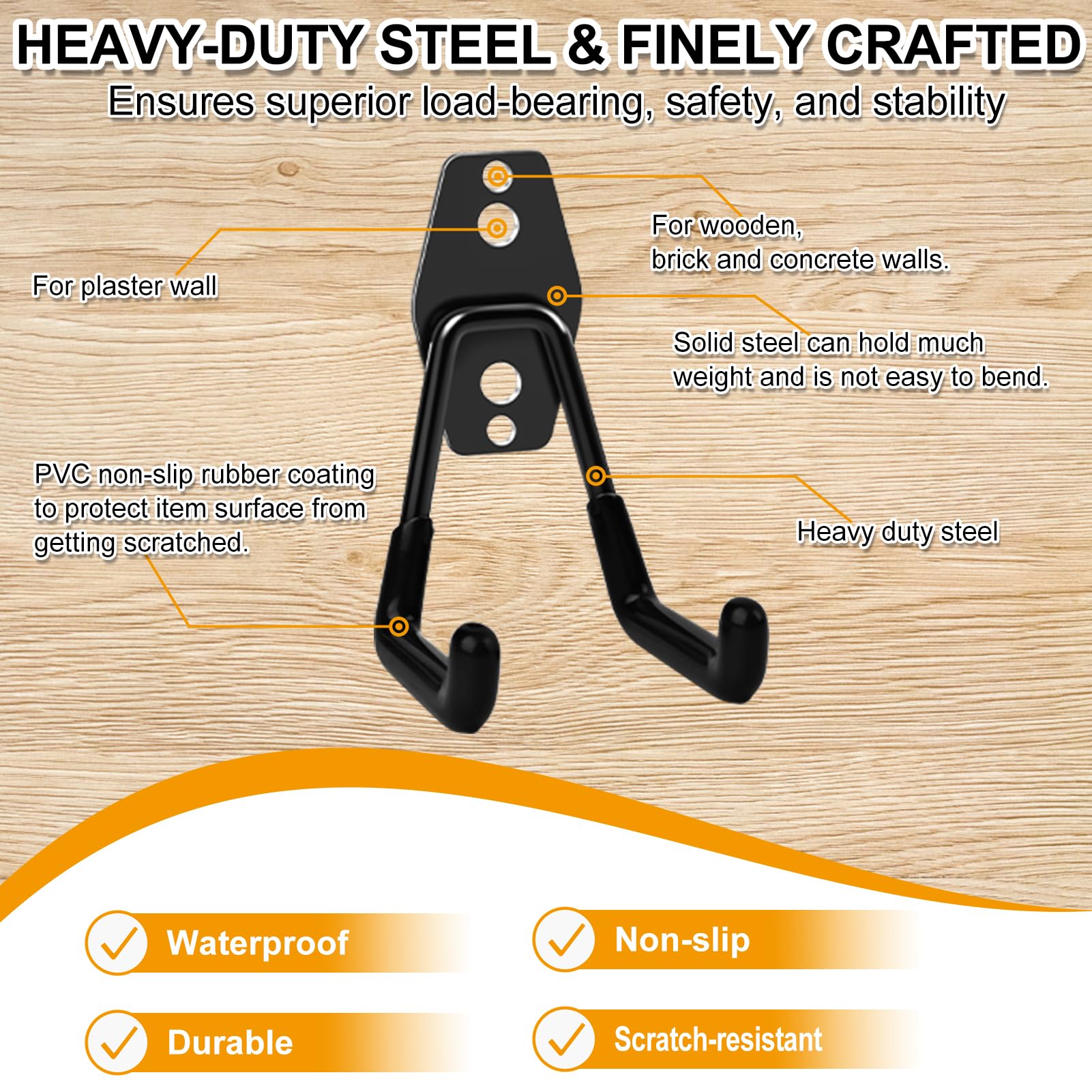 REMIAWY Garage Hooks Heavy Duty, Steel Utility Garage Storage Hook 6 Pack, Wall Mount Double Tool Hangers with Anti-Slip Coating for Hanging and Organizing Ladder Bike, Garden Tools, Bulk Items