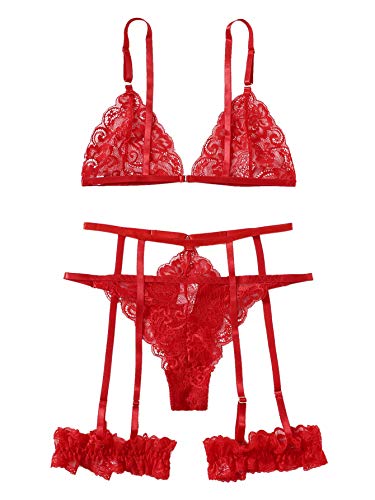 WDIRARA Women's 3 Pieces Mesh Floral Lace Scalloped Trim Garter Lingerie Set Red S