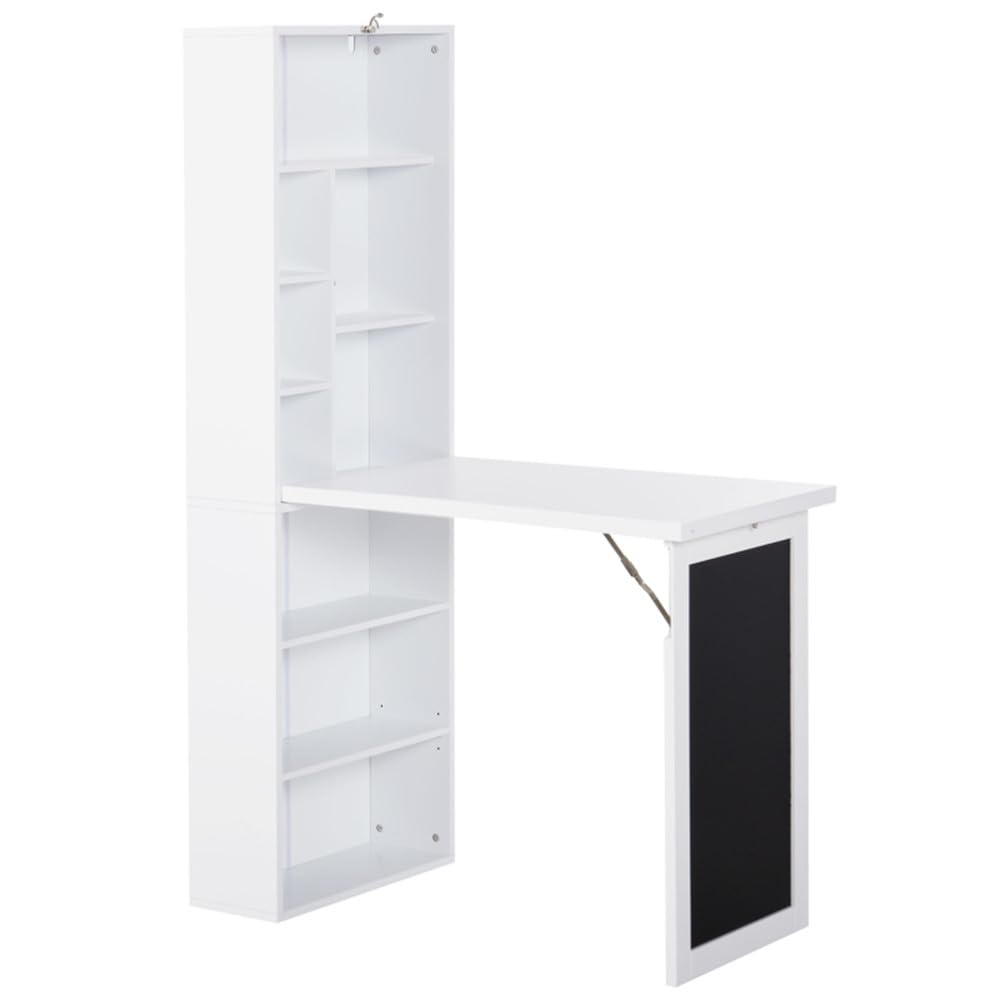 TOQIJUN Folding Wall Mounted Desk, Floating Desk with Chalkboard, Space Saving Fold Up Desk Wall Mounted Convertible Desk, Wall Mounted Table with Storage Shelves & Hooks,White
