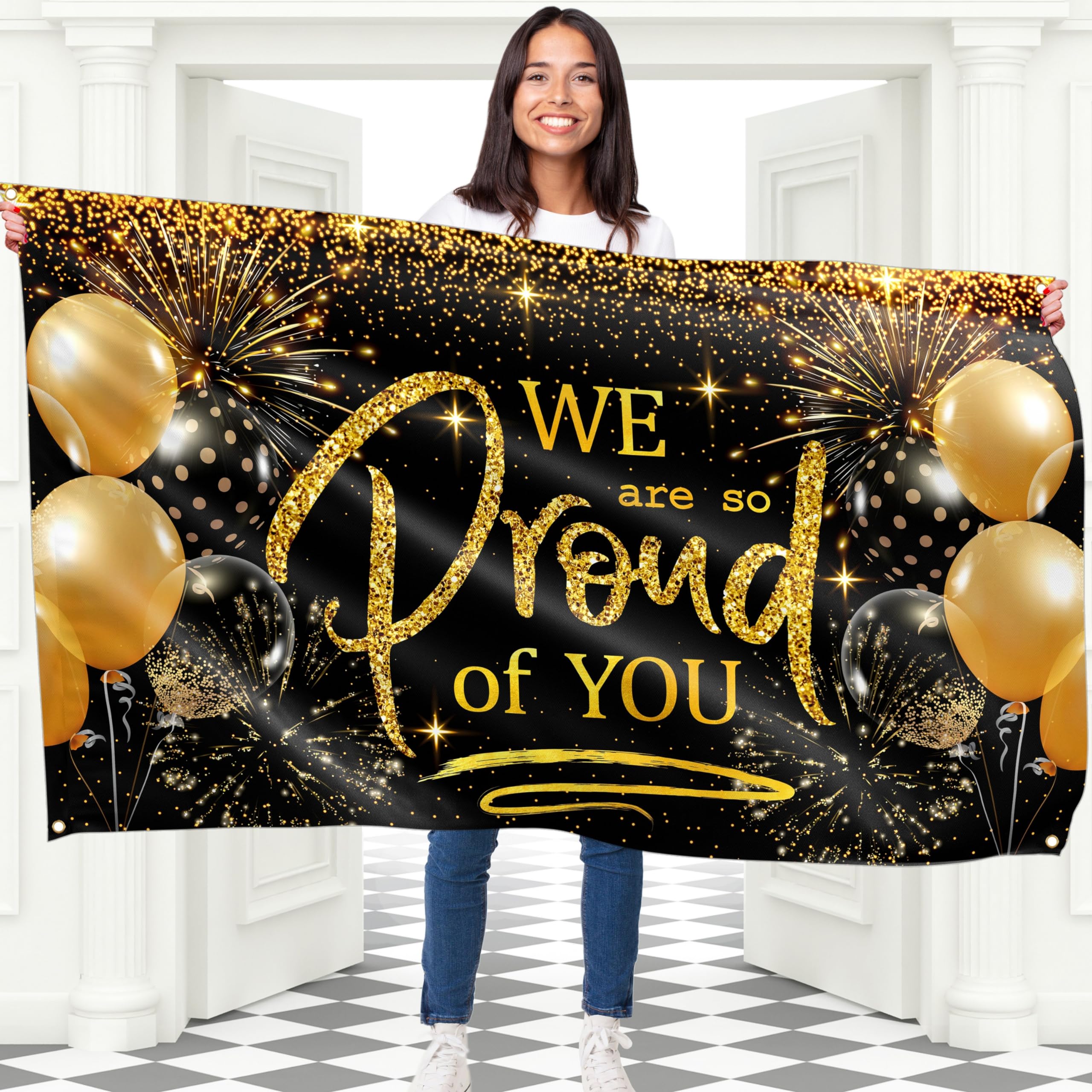 We are so Proud of You Banner - Congratulations Banner - Congratulations Decorations - Congrats Banner - Graduation Banner - Graduation Decorations for Prom - 5ft x 3ft (Black & Gold)