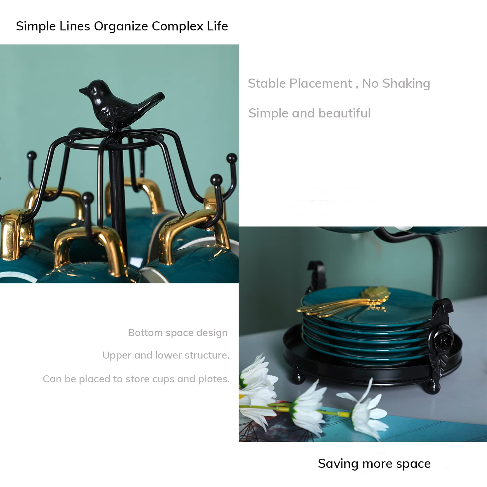 LWXPAIYY Coffee Mug Tree Holder,Tea Cup Storage Rack with Small Storage Area for Counter,Mug Holders Countertop for 6 TeaCups,Metal Coffee Mug Tree Stand Rack with 6 Hooks (Black)