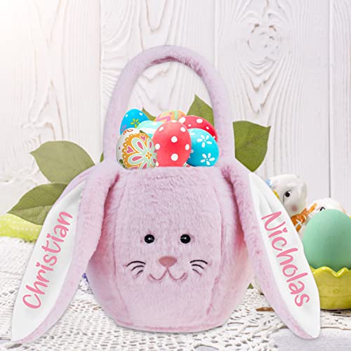 Personalized Bunny Easter Basket for Boys Girls Kids Custom Easter Baskets with Name Handle Plush Egg Hunt Bags Customized Buckets Easter Gifts
