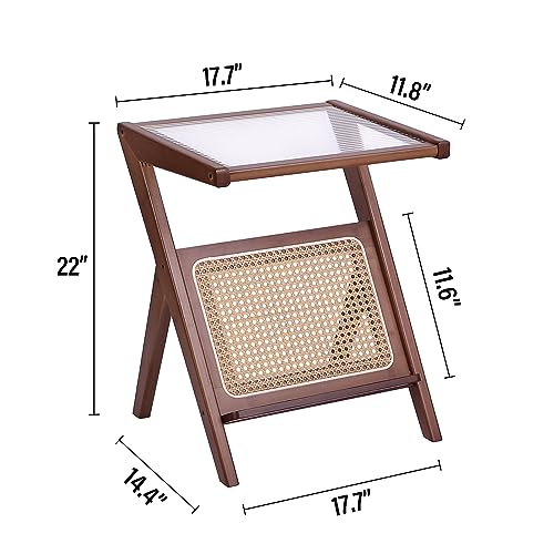 Tiita Rattan Nightstand Side Table, Bamboo Accent Bedside Tables, Glass Coffee Tables, Boho Wooden End Table with Storage for Small Space, Living Room and Bedroom