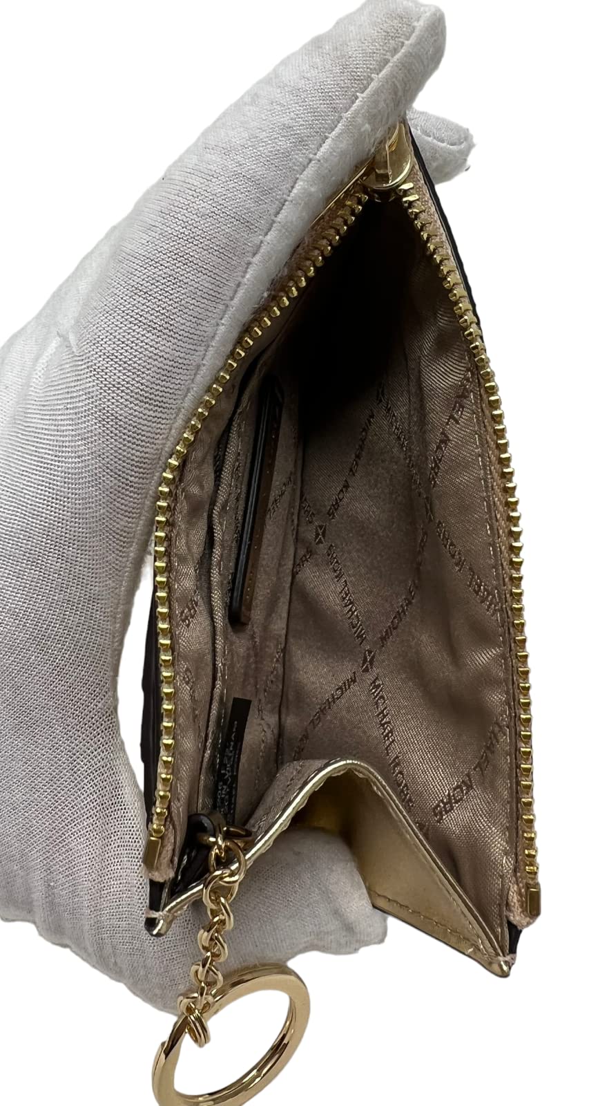 Michael Kors Jet Set Travel Zip Top Key Chain Coin Pouch Pale Gold Signature Logo