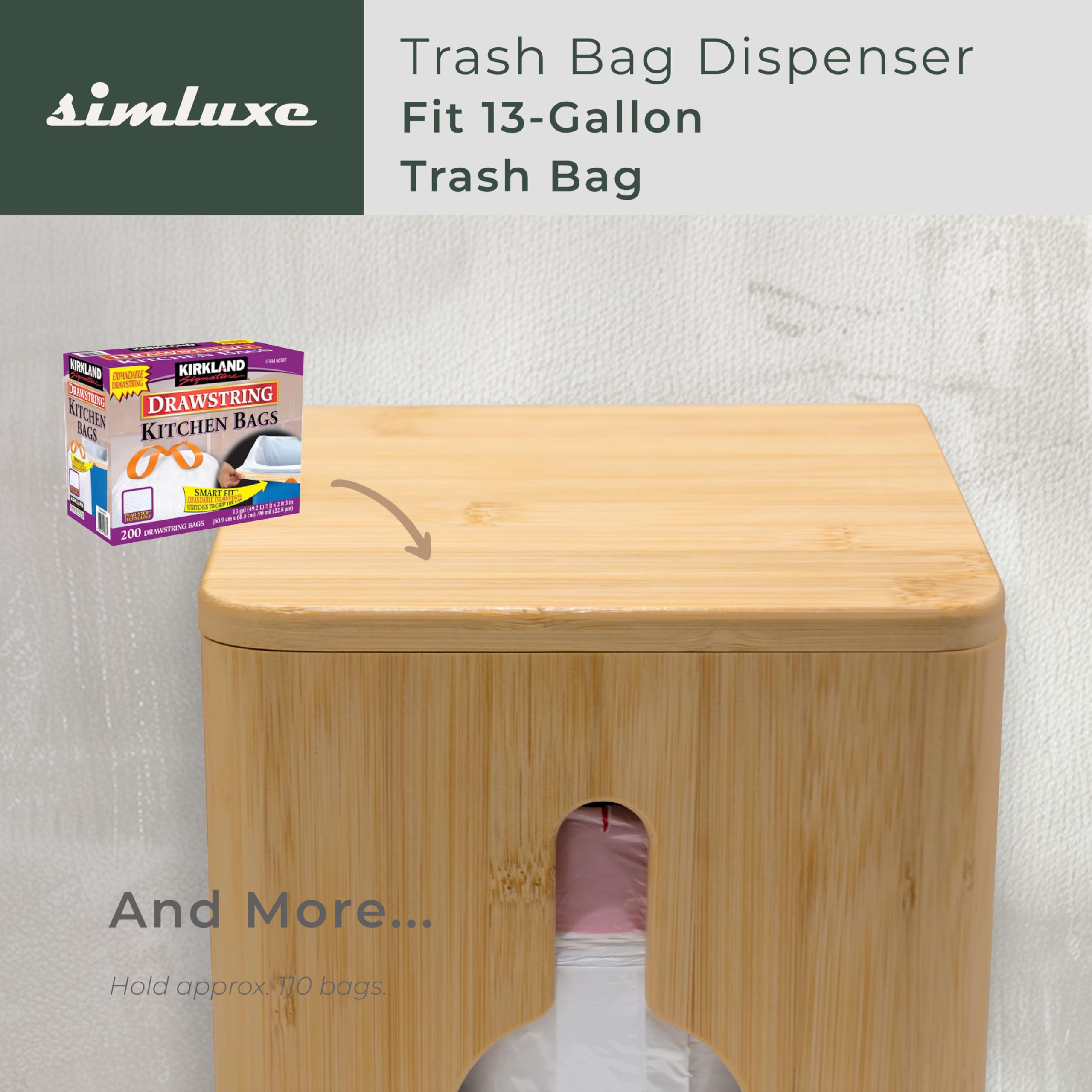 Simluxe Extra Large Trash Bag Dispenser – Trash Bag Holder Dispenser for Garbage Bag Roll, Under Sink Waste Bin Bags Organizer, Wall Mounted Storage for Small Spaces, Bamboo Decorative Container