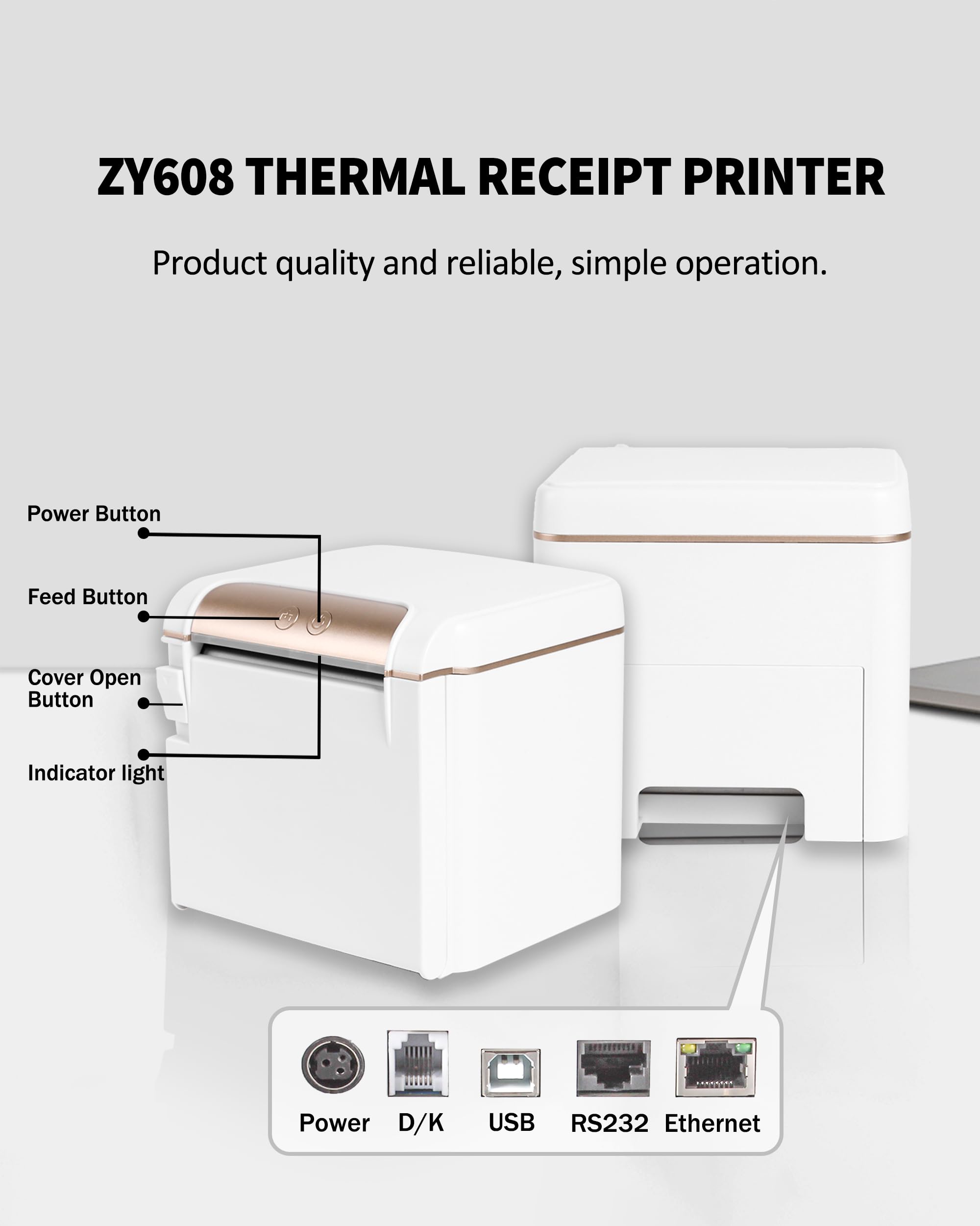 ZYWELL Thermal Receipt Printer 80mm ZY608 Compatible with Square Shopify iOS Android, Receipt Printers with Auto-Cutter, Audio-Visual Alarm, Printer Use for Small Business,Restaurant