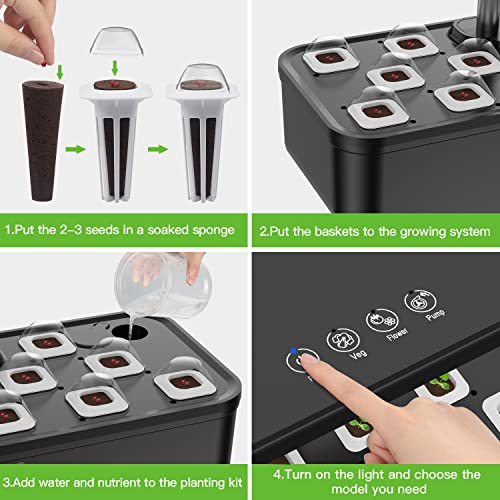 TILTOP Hydroponics Growing System 12 Pods Indoor Herb Garden with 36W LED Grow Light, Height Adjustable Indoor Grow Kit Countertop Garden Automatic Timer Black
