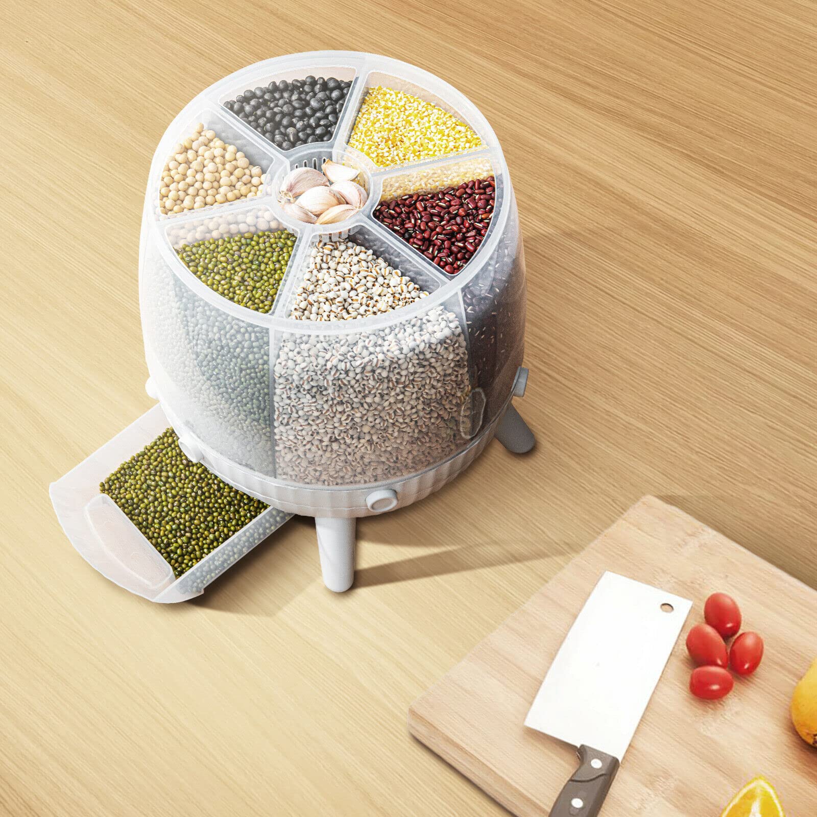 LOYALHEARTDY 6-Grid Rice Dispenser 360° Rotating Rice Grain Dispenser Dry Grain Storage Container Tank Food Dispenser Kitchen for Grains, Rice, Beans, Coffee Beans