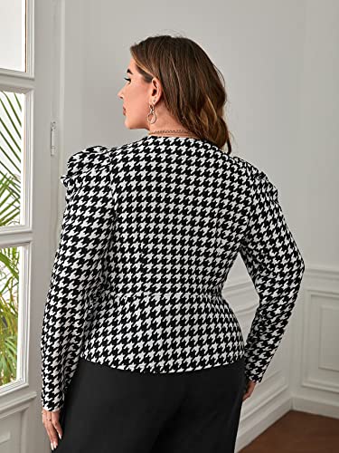 WDIRARA Women's Plus Size Houndstooth Print Long Puff Sleeve Open Front Jacket Blazer Black and White 3XL