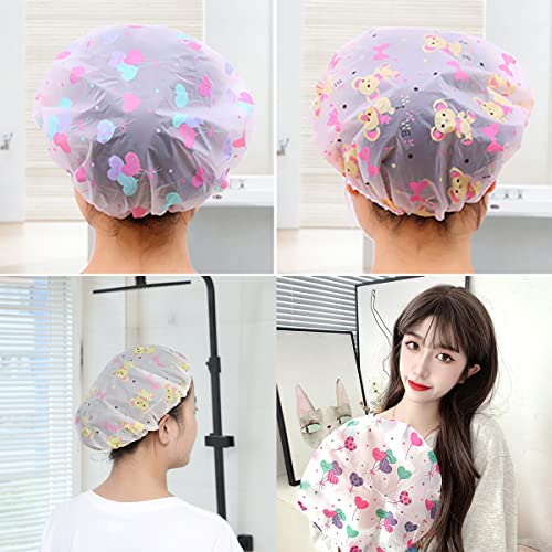 Shower Cap, Reusable Plastic Elastic Bathing Waterproof Hair Cap For Spa, Home, Hotel and Hair Salon (Love + Bear)