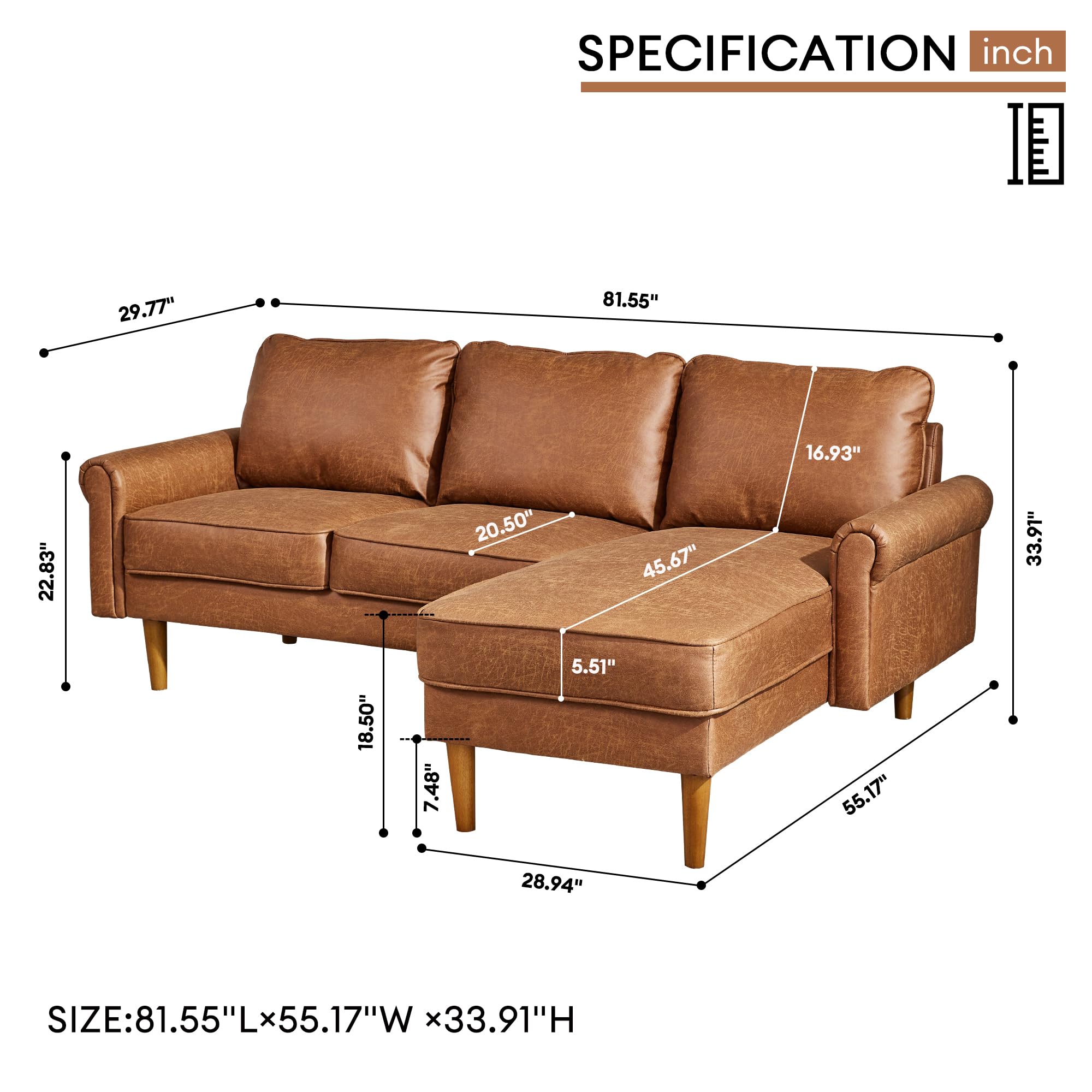 Weaxty 81.55" Sofa Couch, L Shaped Faux Leather Sectional with Chaise Suede Fabric Couch Sofas with Comfortable Cushions for Small Space Living Room Apartment, Right Chaise Brown
