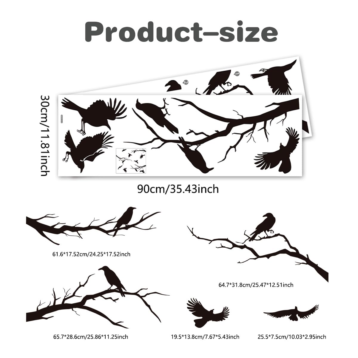 Raven Wall Stickers,Black Crows Wall Decals,Winter Branches Wall Decals,Halloween Tree Branch Wall Decals,Peel and Stick Bird Wall Decals,Removable Vinyl Halloween Wall Stickers.