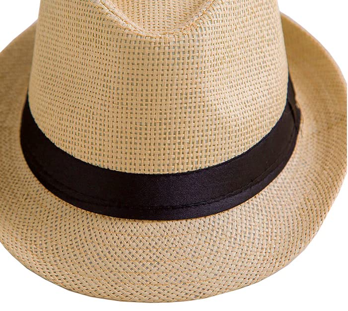 Mens Summer Straw Short Brim Fedora Panama Trilby Beach Sun Hat Khaki